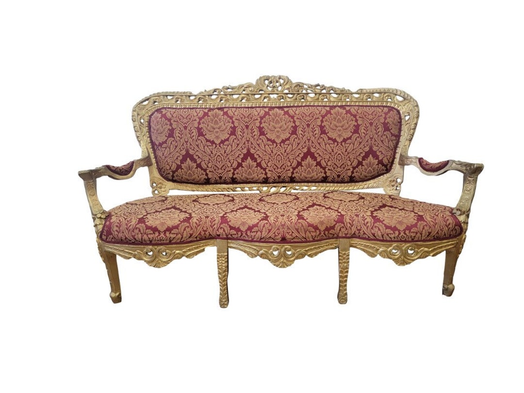 1940s Vintage Victorian Carved Wood Gilded & Red Brocade Sofa - Victorian Gold Settee - Vintage ...