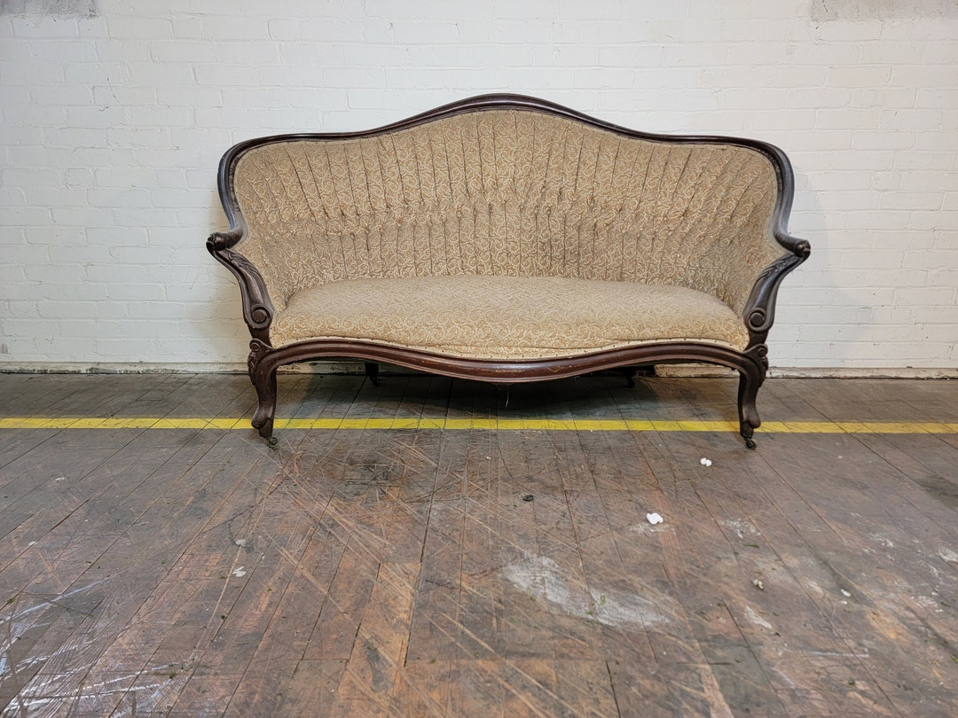 Antique Carved Wood Channel Sofa/couch - Victorian Beige Button Tufted ...
