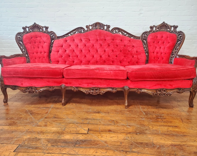 Vintage Victorian Red Velvet Sofa - Baroque Hollywood Regency Tufted ...