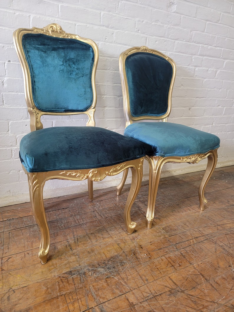 Victorian Gold & Teal Blue Vintage Velvet Chairs - Antique Regency ...