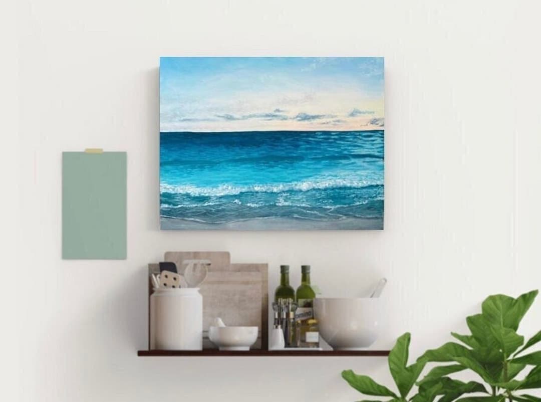 Original Beach Daytime Painting on Canvas Calm Ocean Waves 20x16 In. - Etsy