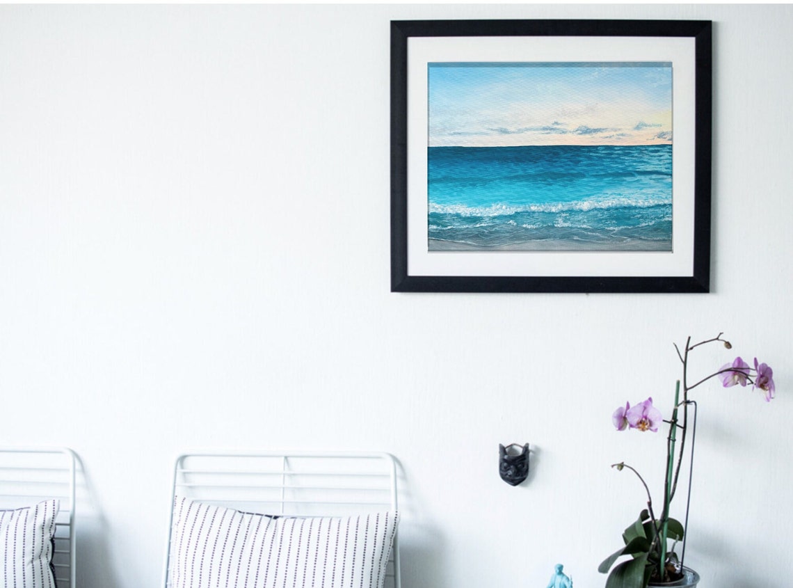 Original Beach Daytime Painting on Canvas Calm Ocean Waves 20x16 In. - Etsy