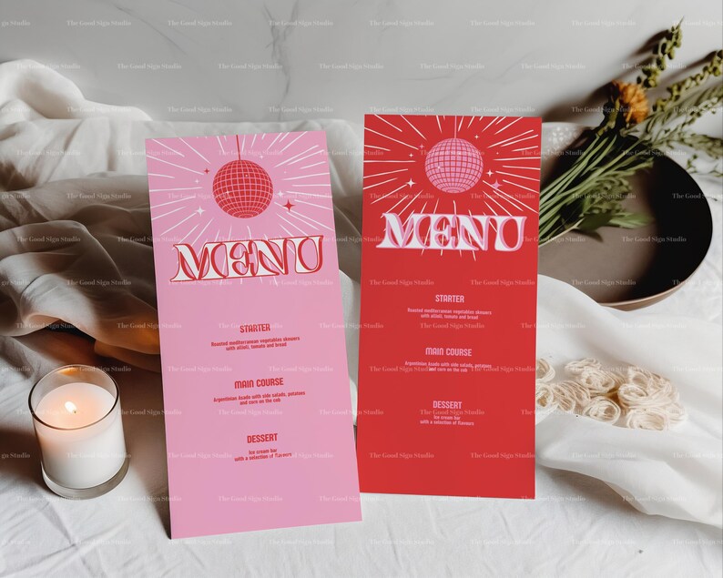 Disco Wedding Menu, Printable 70s Wedding Menu, Groovy Pink & Red Menu ...