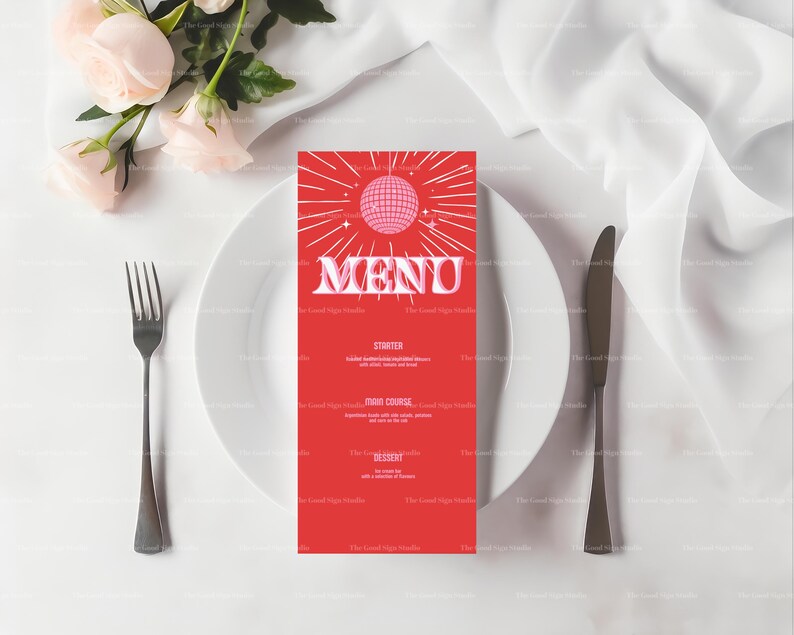 Disco Wedding Menu, Printable 70s Wedding Menu, Groovy Pink & Red Menu ...