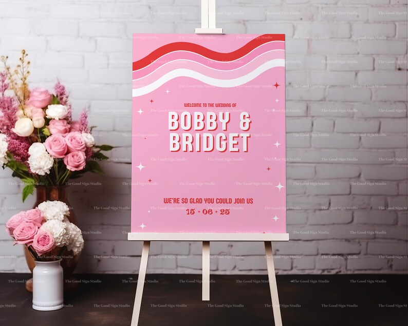 Retro Pink and Red Welcome Sign, Instant 70s Wedding Signage, Groovy ...