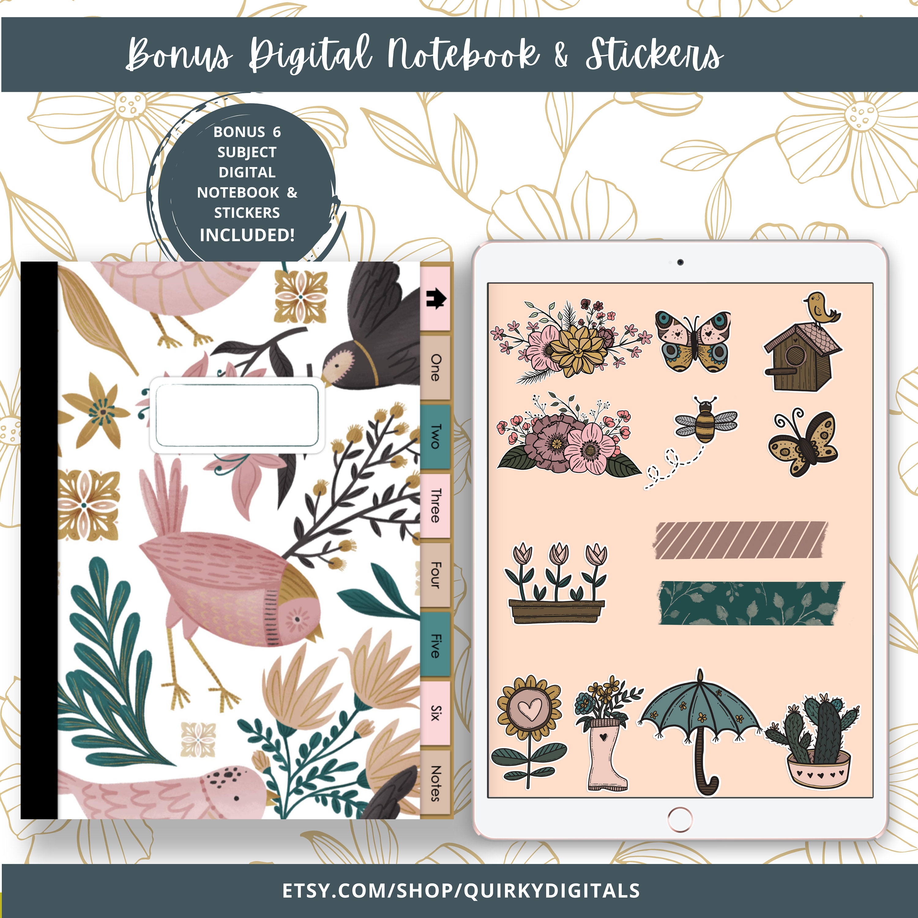 Floral Fancy Digital Planner, Notebook and Bonus Stickers - Etsy