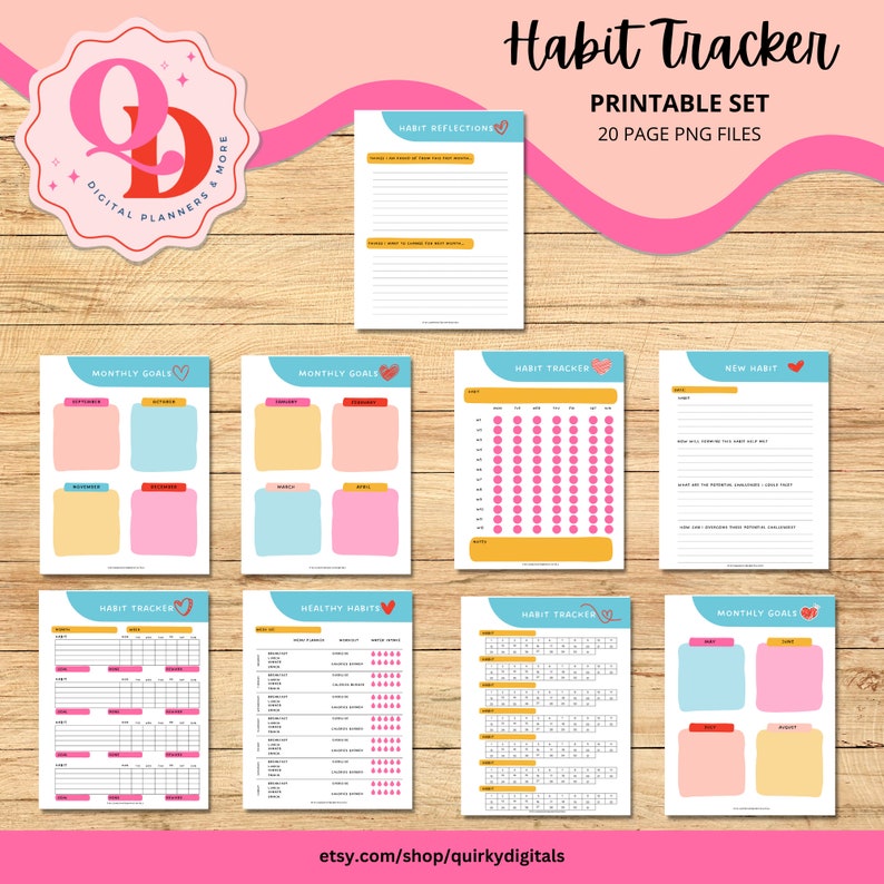 Habit Tracker Printables Set, Set of 20 Habit Tracker Pages, Bright ...