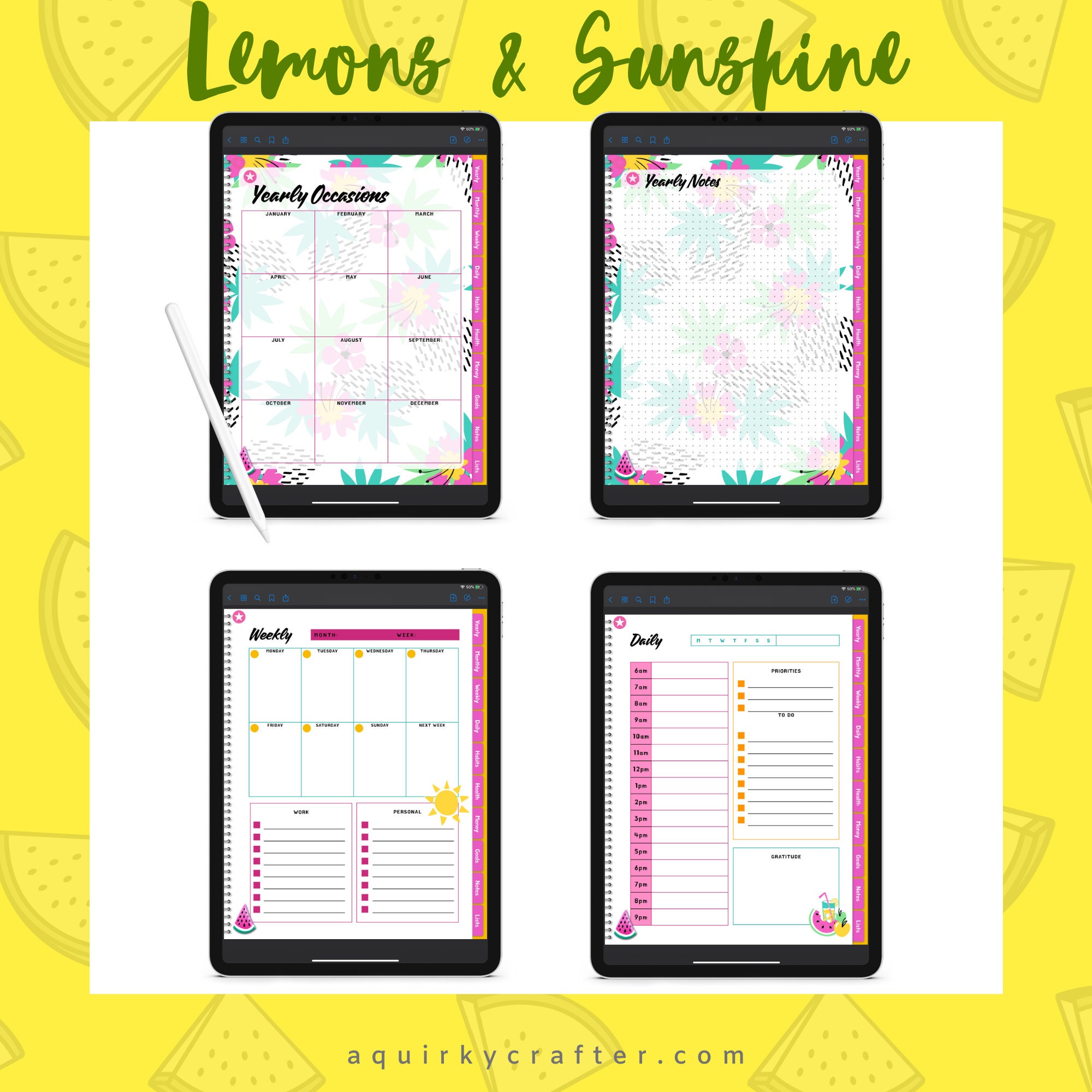 Lemon and Sunshine Undated Digital Planner - Etsy