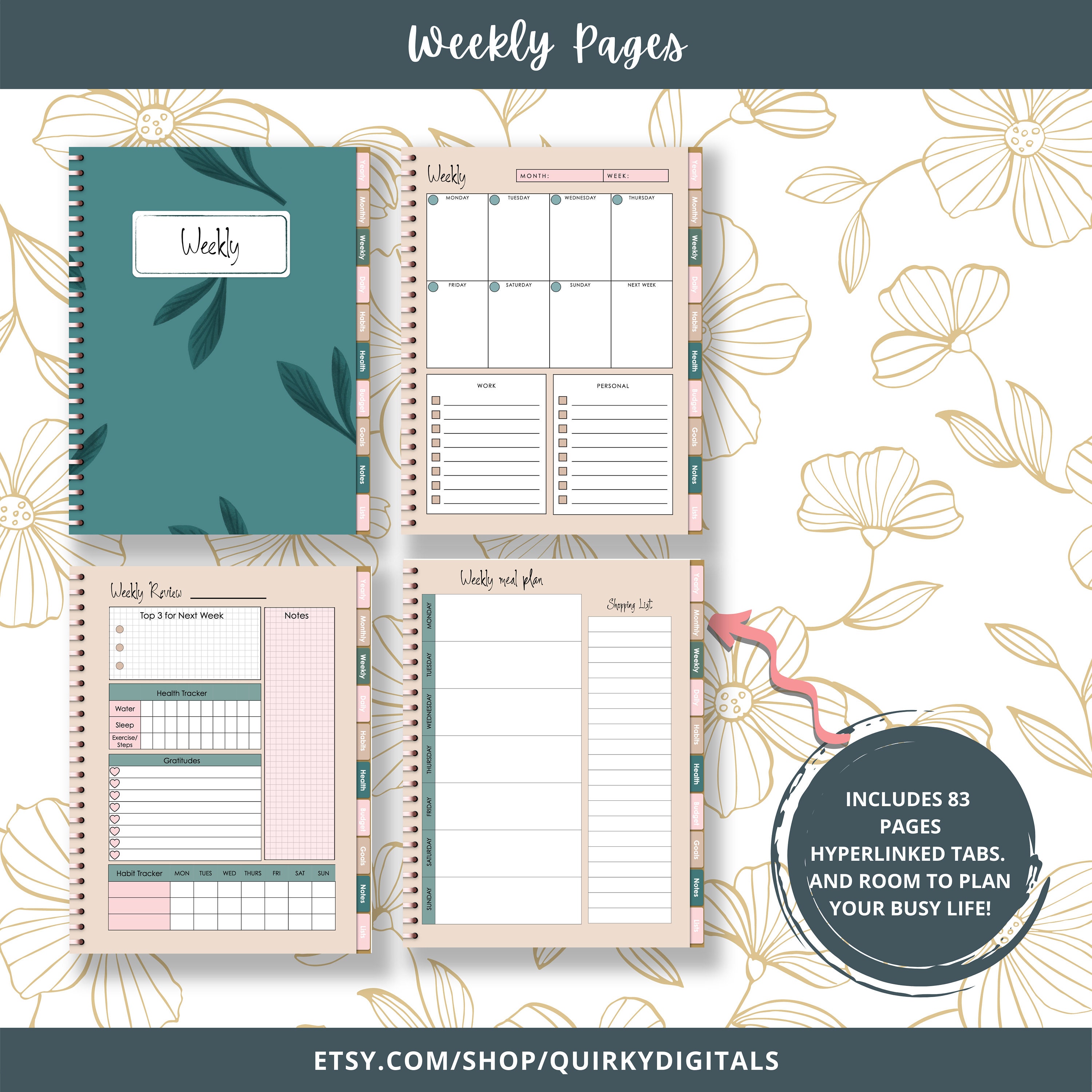 Floral Fancy Digital Planner, Notebook and Bonus Stickers - Etsy