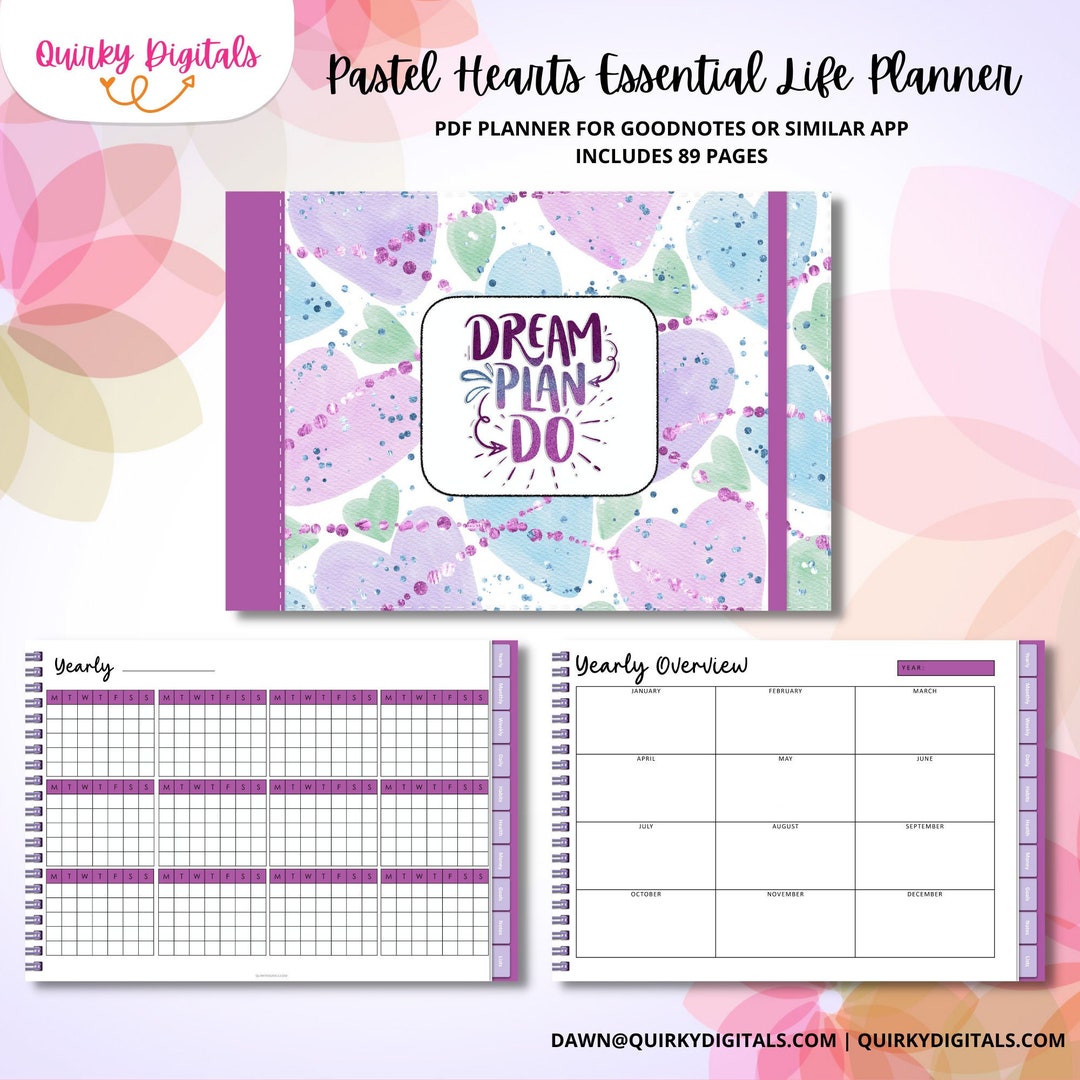 Pastel Hearts Undated Landscape Planner, PDF Planner, Goodnotes Planner ...