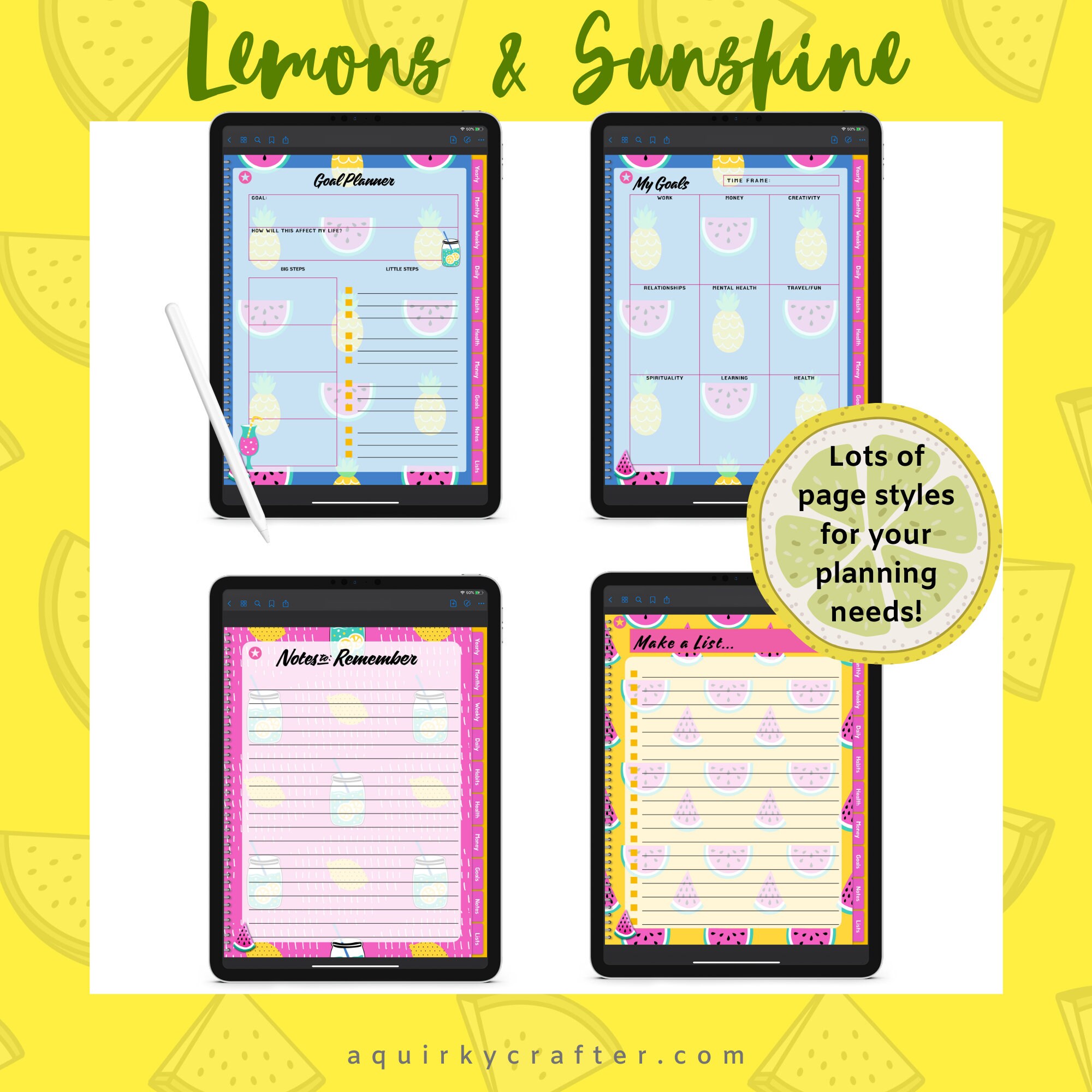 Lemon and Sunshine Undated Digital Planner - Etsy