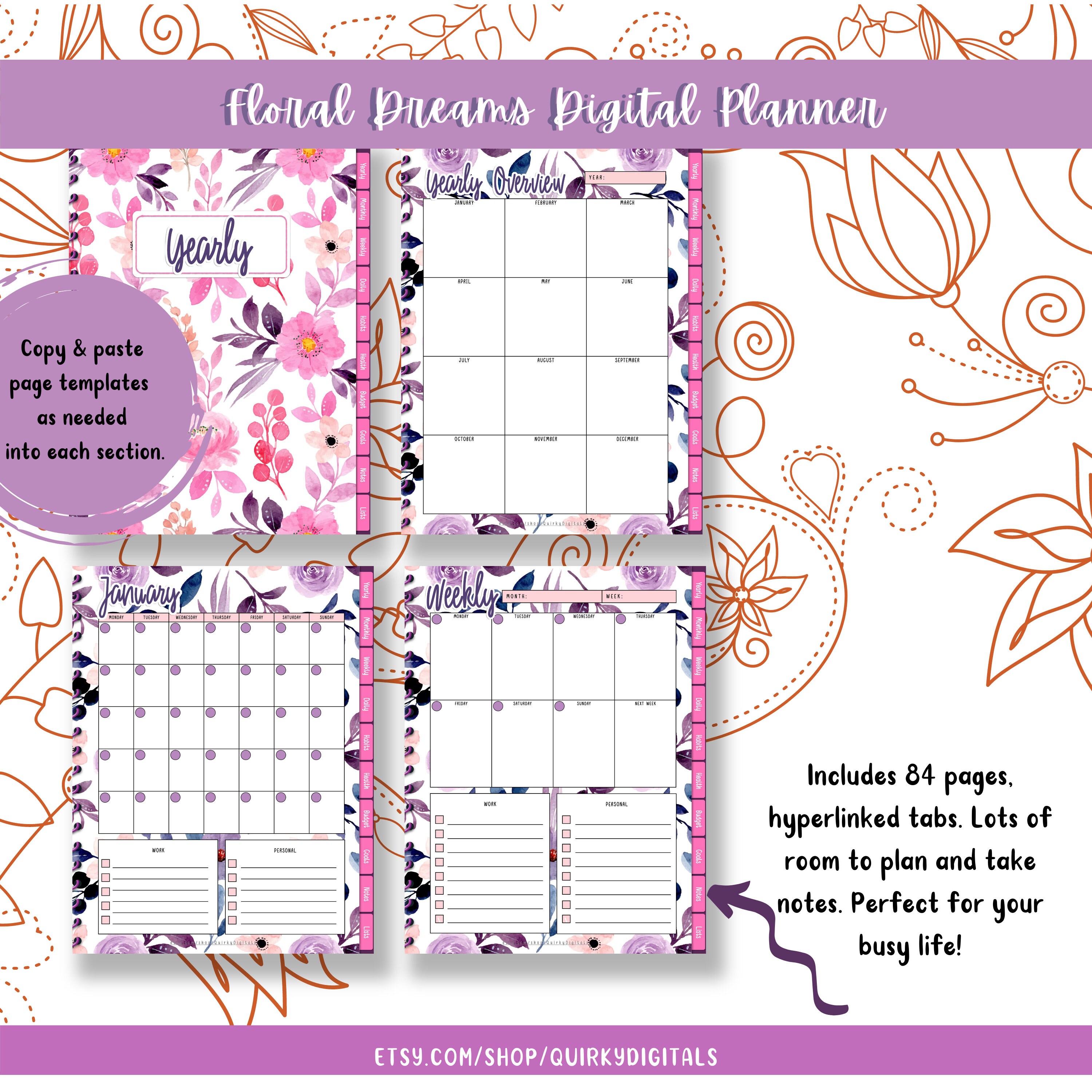 Floral Dreams Undated Digital Planner - Etsy