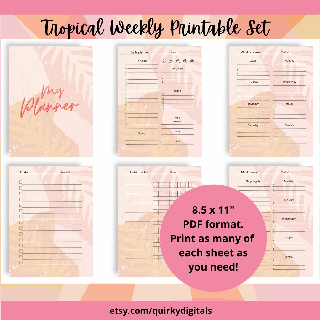 Tropical Weekly Planner Printables, US Letter, Meal Planner, Weekly ...