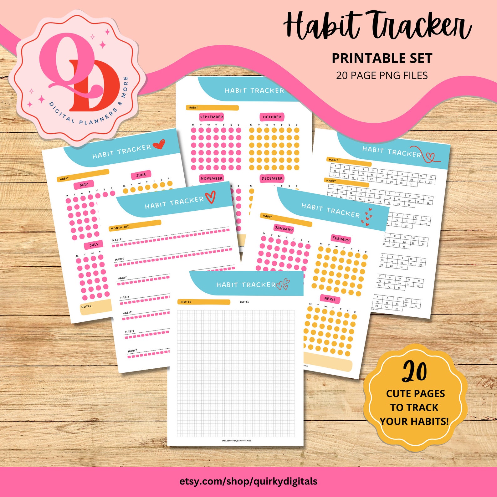 Habit Tracker Printables Set, Set of 20 Habit Tracker Pages, Bright ...