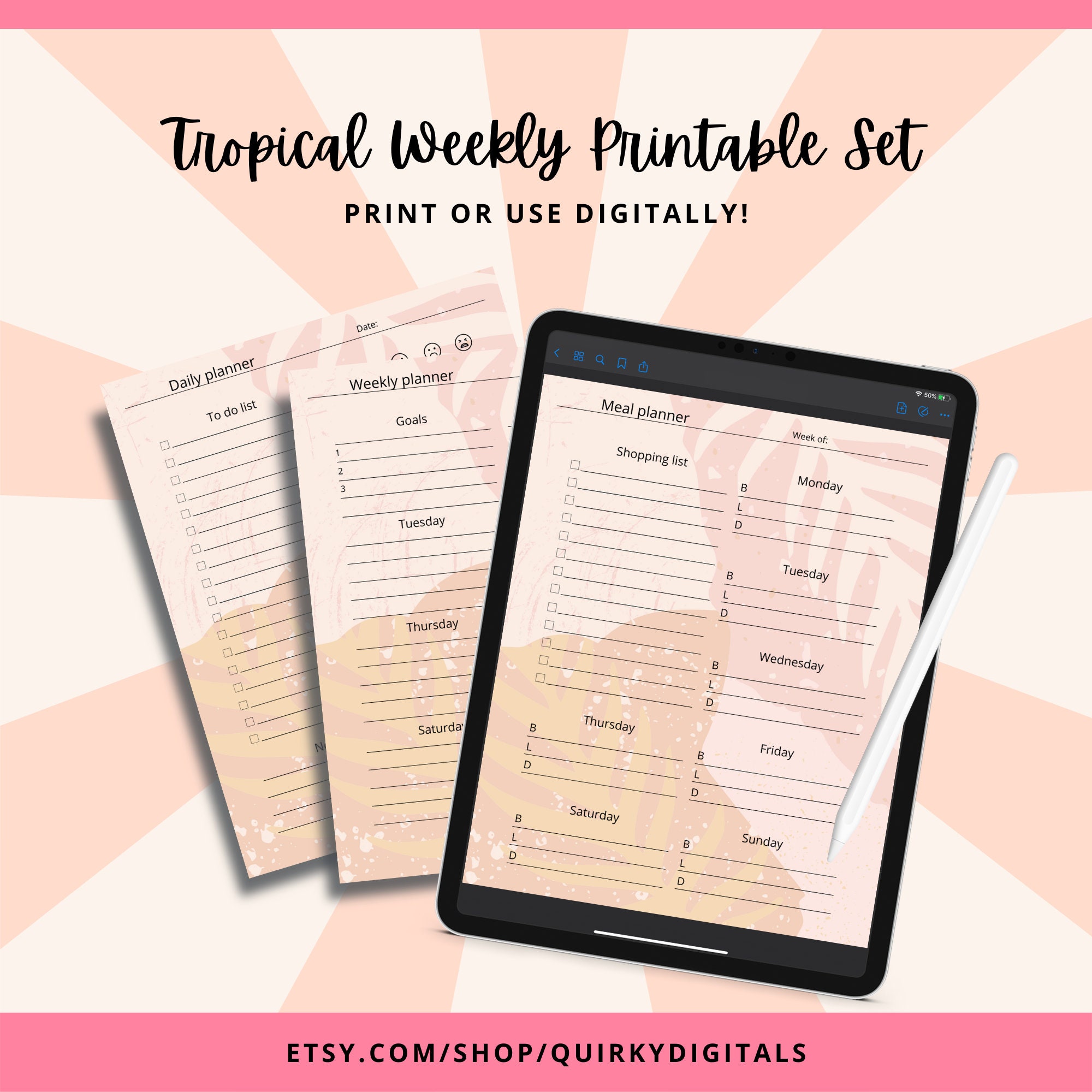Tropical Weekly Planner Printables, US Letter, Meal Planner, Weekly ...