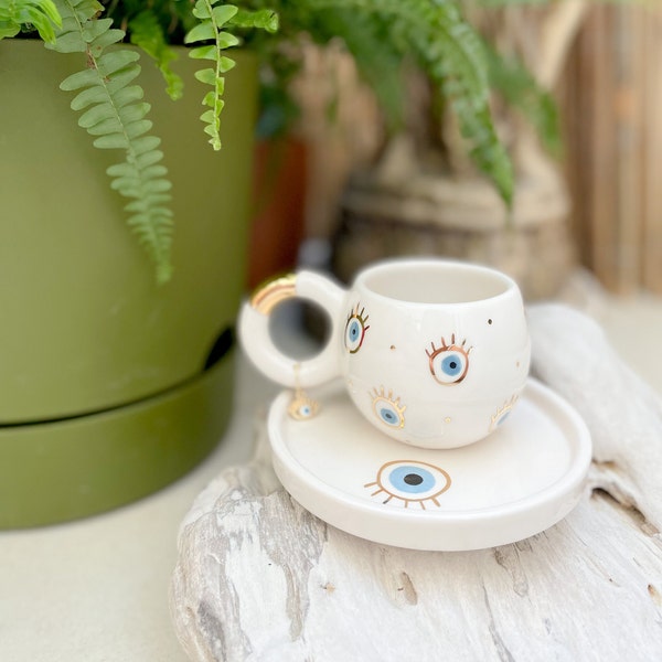 Handmade Evil Eye Ceramic Cup and Saucer Set With 11k Gold - Etsy Canada