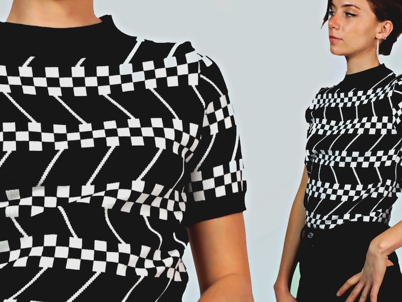 Black and White Geometric 70s Mod Style Knit Top Size S-M - Etsy