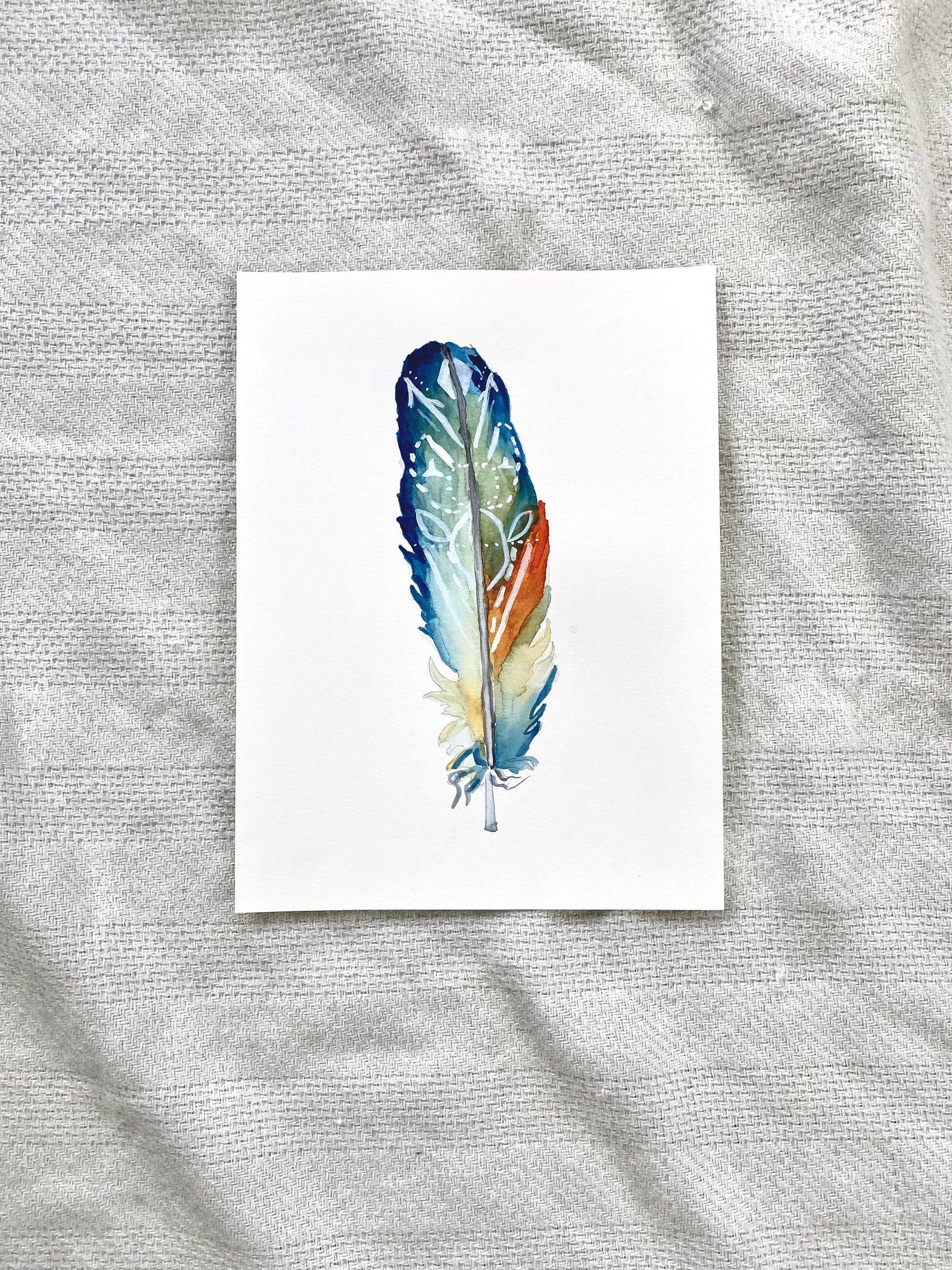 Patterned Feather Watercolor Painting, Home Decor, Wall Art, Geometric ...