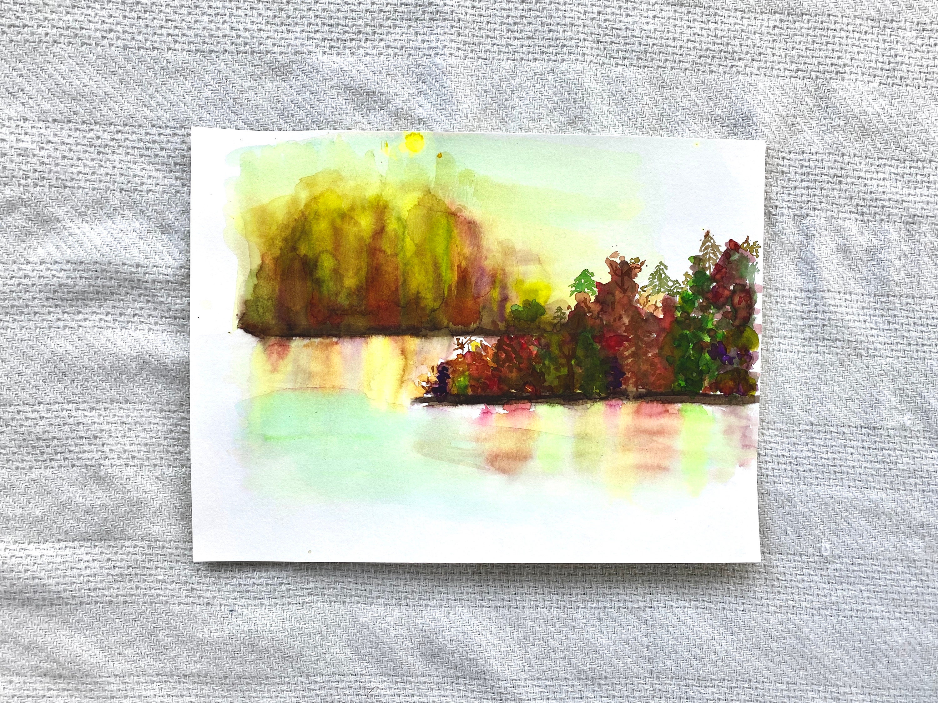 Fall Lake Watercolor Painting, Home Decor, Landscape Watercolor - Etsy