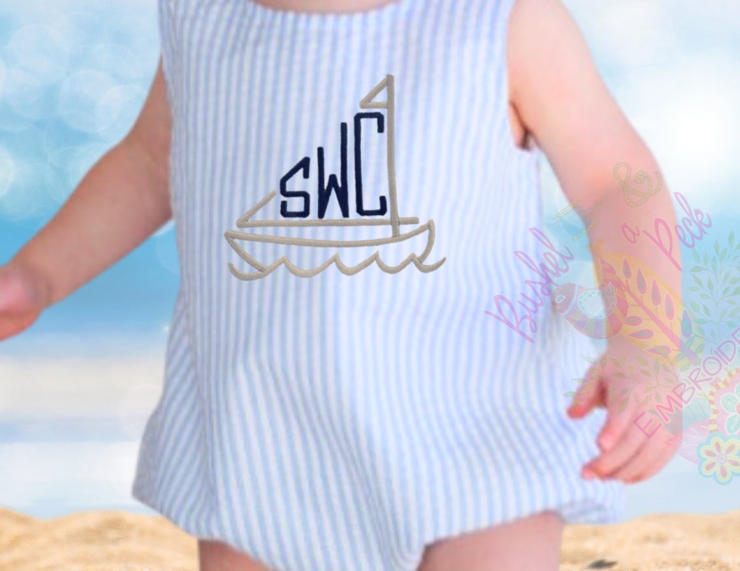 Unisex Blue Seersucker Bubble Romper, Baby and Toddler Blue Gingham Embroidered Bubble, Baby ...