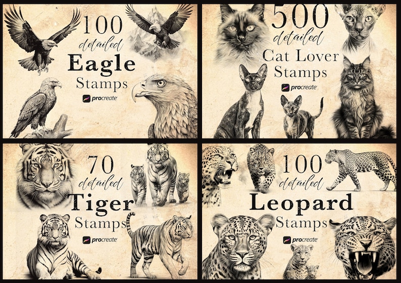 3000+ Animal Procreate Stamp Brushes: Wildlife Tattoo Stencil Bundle ...