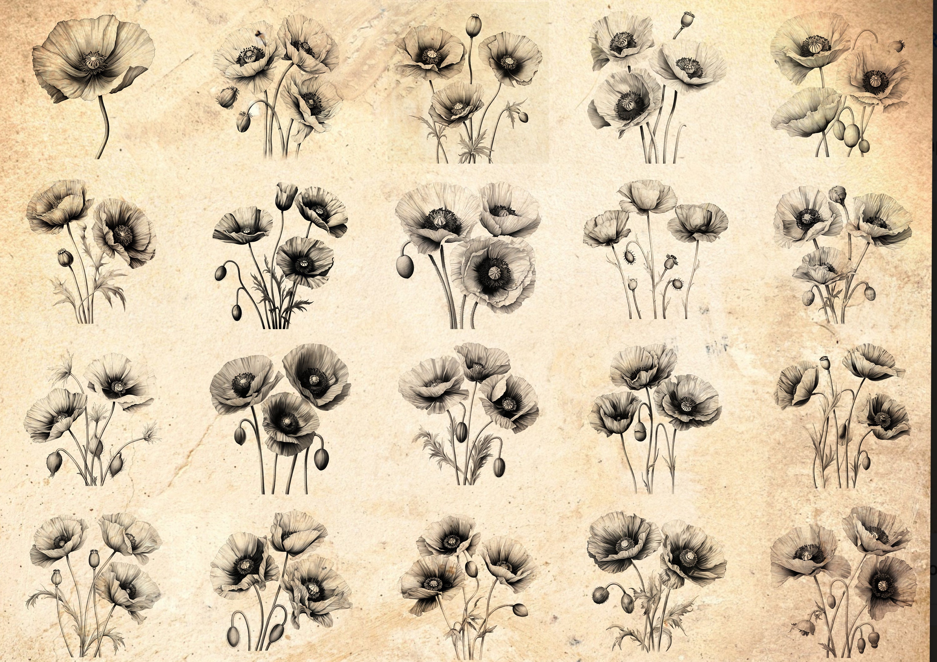 Poppy Flower Procreate Stamp Brushes: Botanical Tattoo Stamps (100 ...