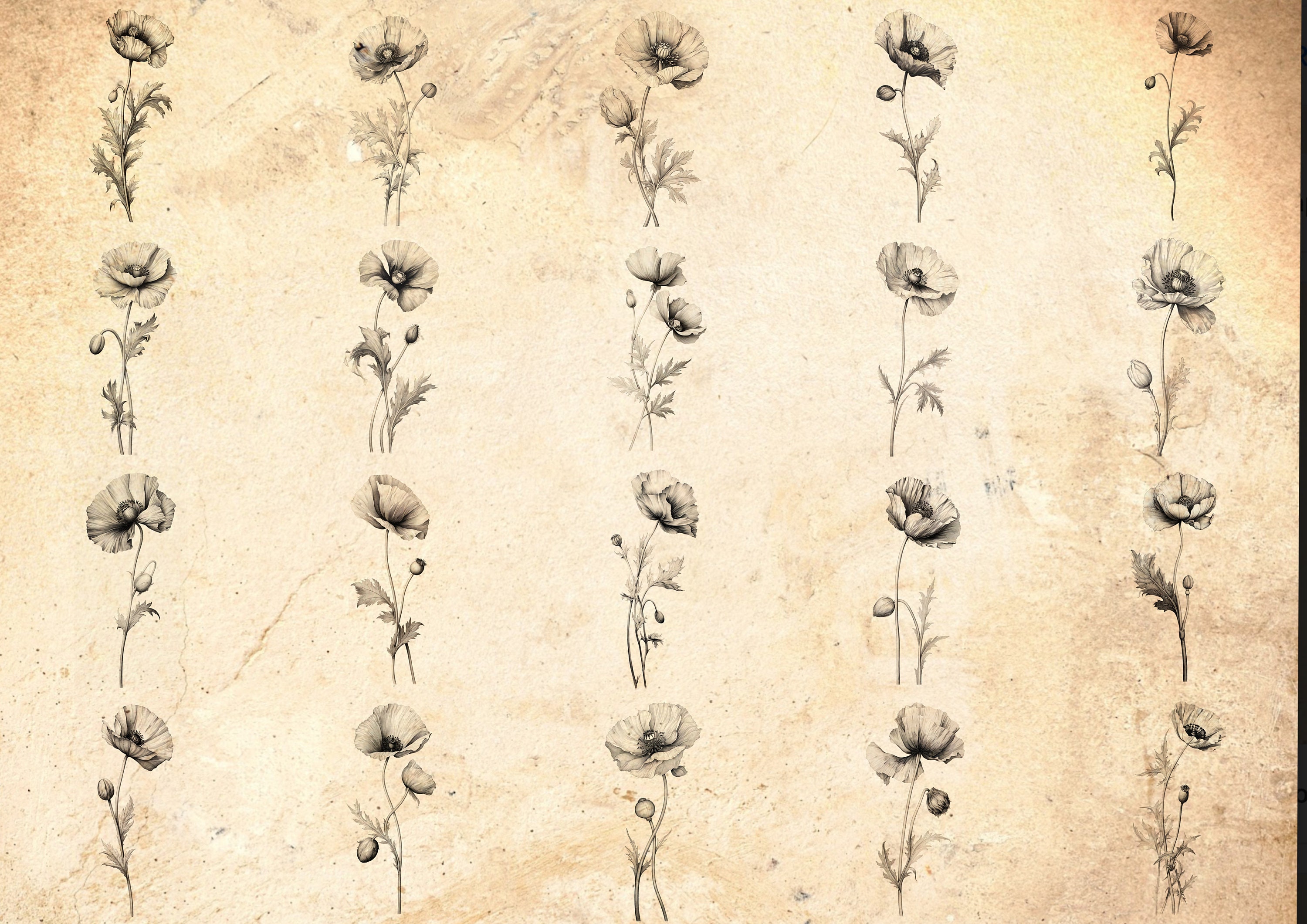 Poppy Flower Procreate Stamp Brushes: Botanical Tattoo Stamps (100 ...