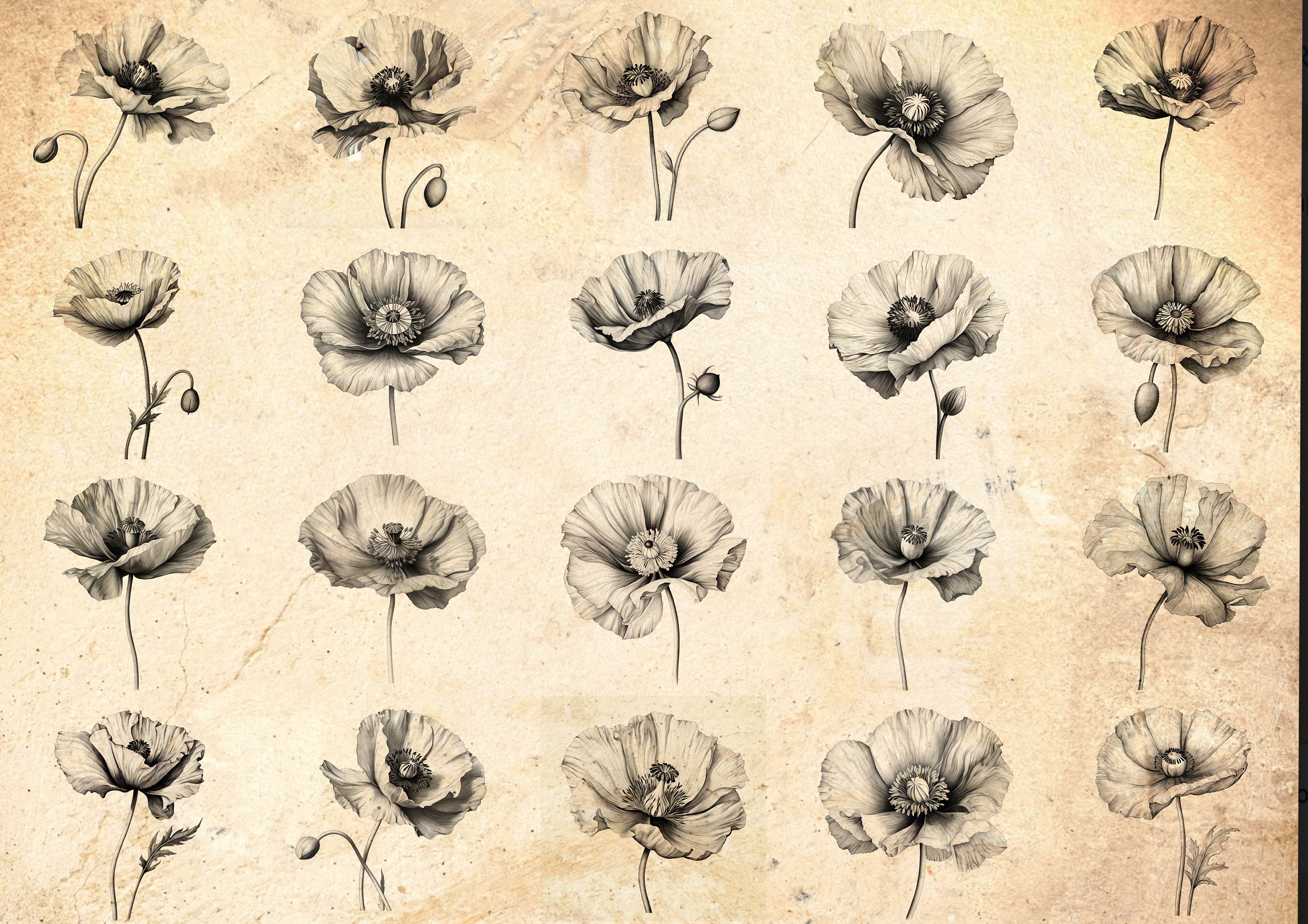 Poppy Flower Procreate Stamp Brushes: Botanical Tattoo Stamps (100 ...