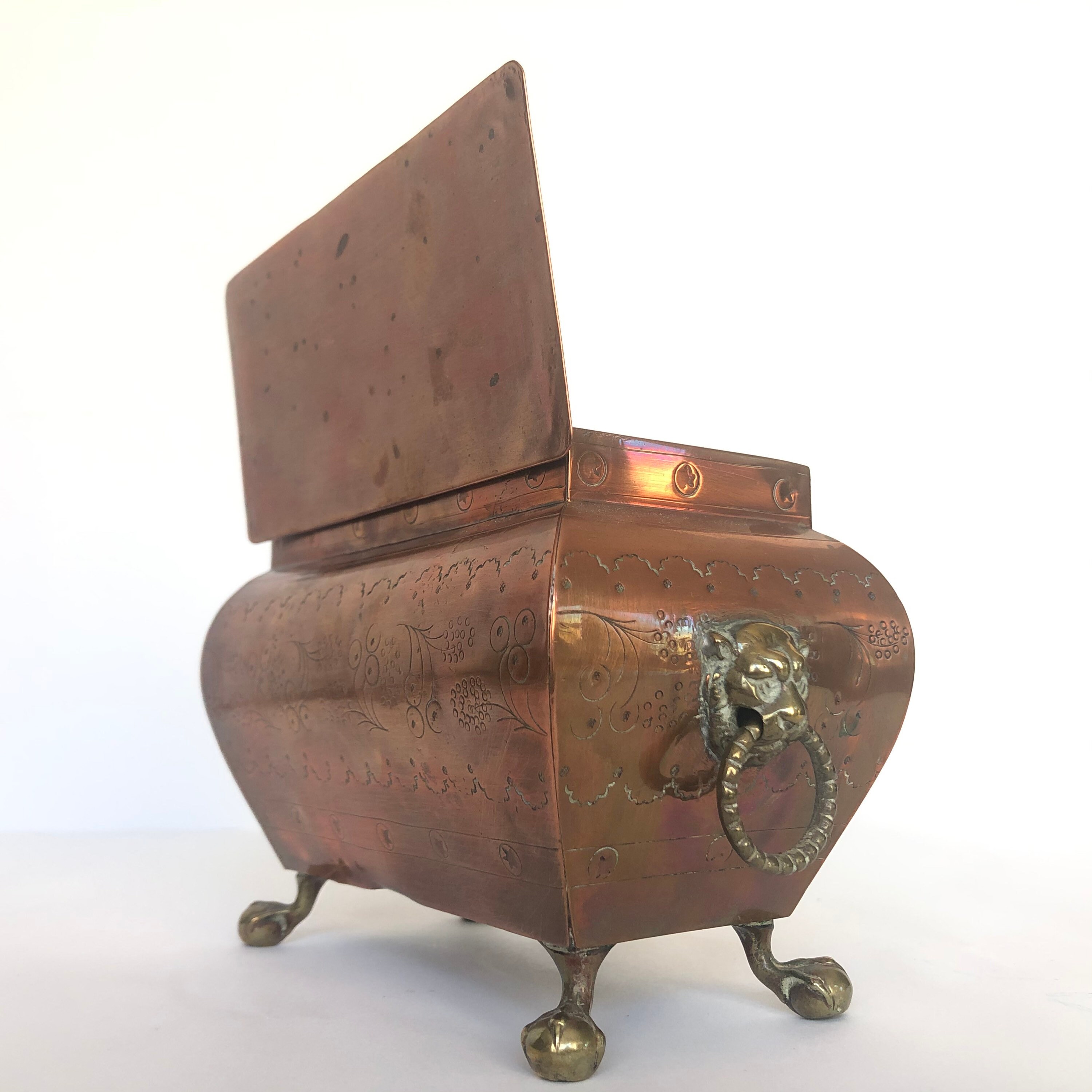 RARE Antique Copper Tea Box - Tea Caddy With Brass Lion Handles & Claw ...