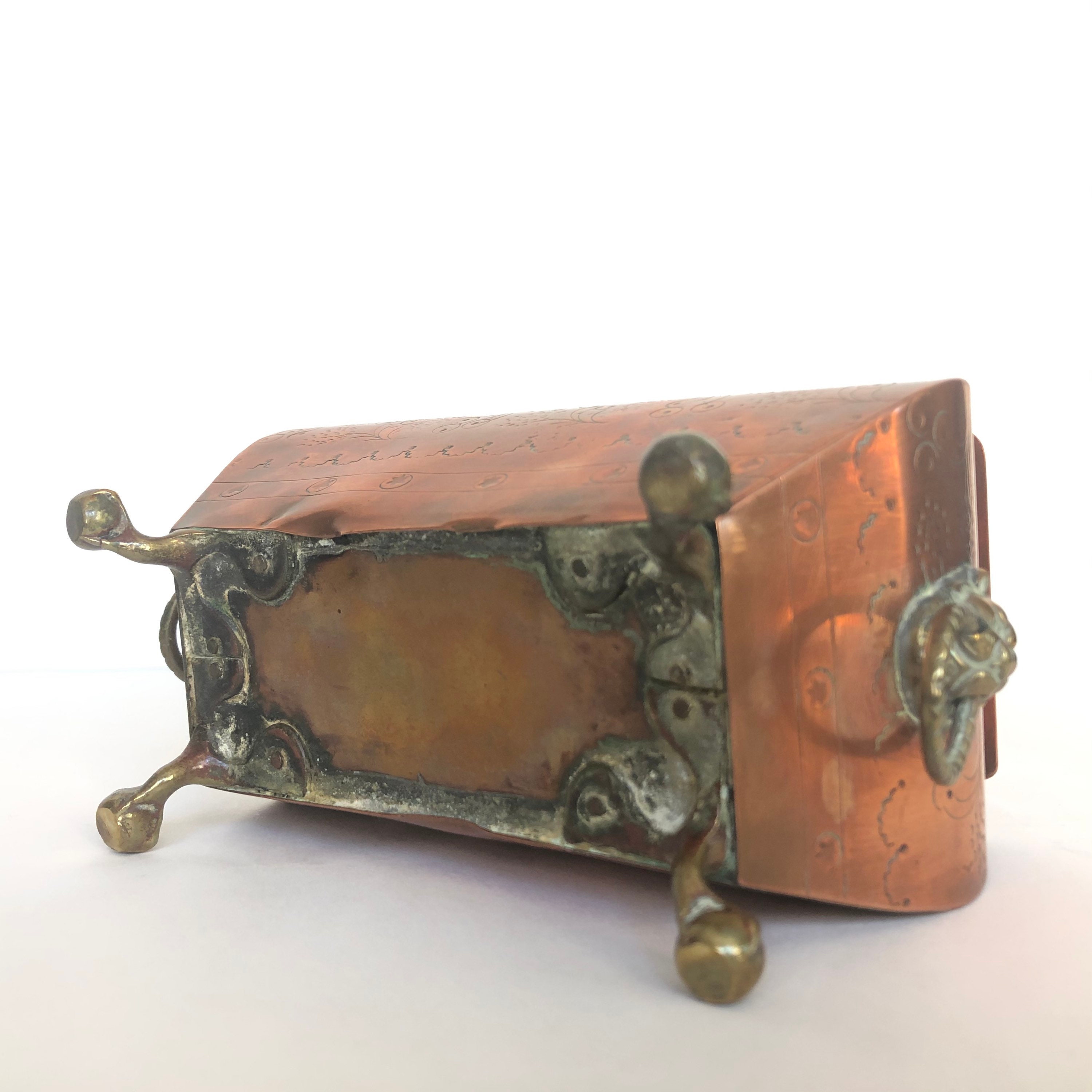 RARE Antique Copper Tea Box - Tea Caddy With Brass Lion Handles & Claw ...