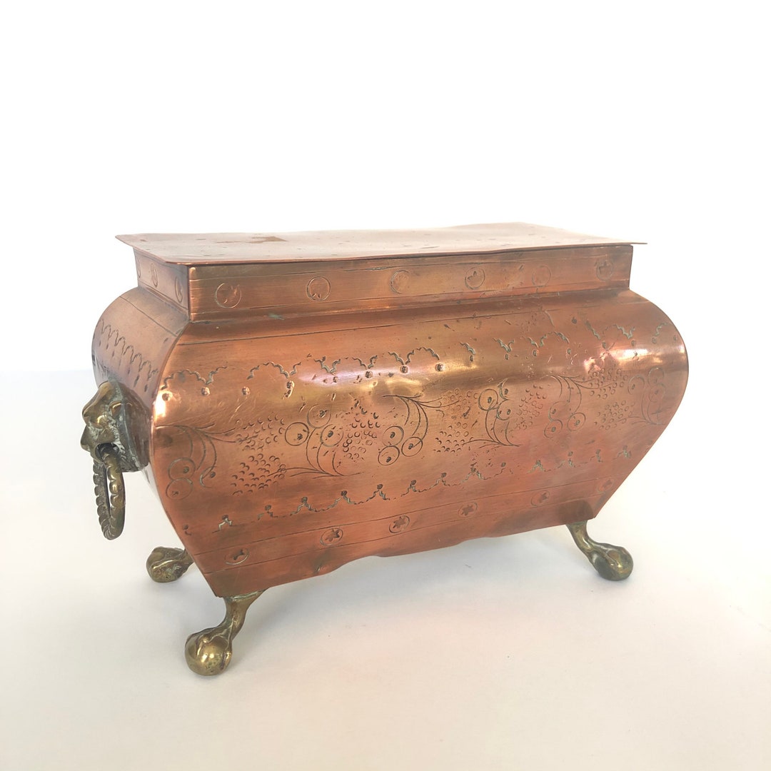 RARE Antique Copper Tea Box - Tea Caddy With Brass Lion Handles & Claw ...