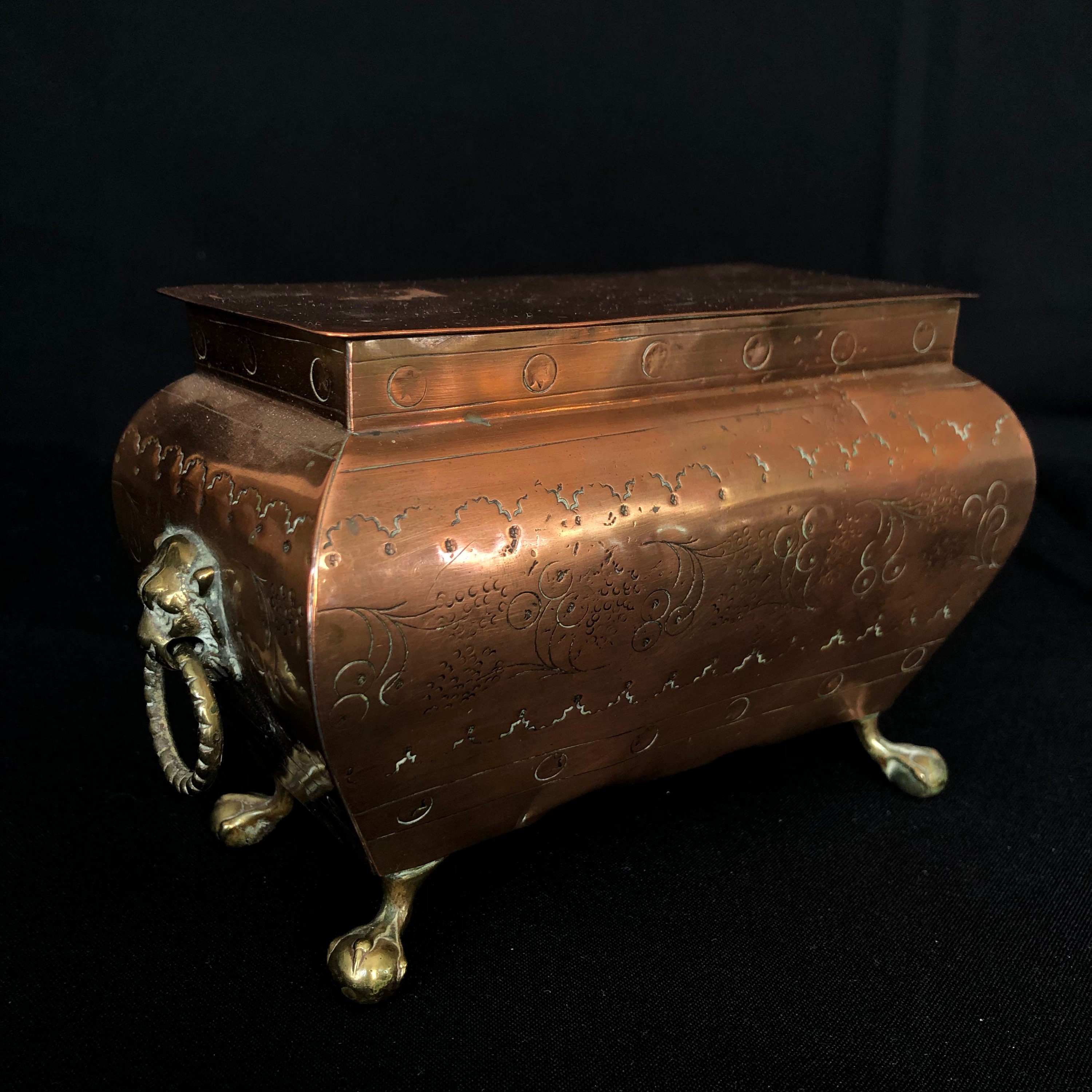 RARE Antique Copper Tea Box - Tea Caddy With Brass Lion Handles & Claw ...