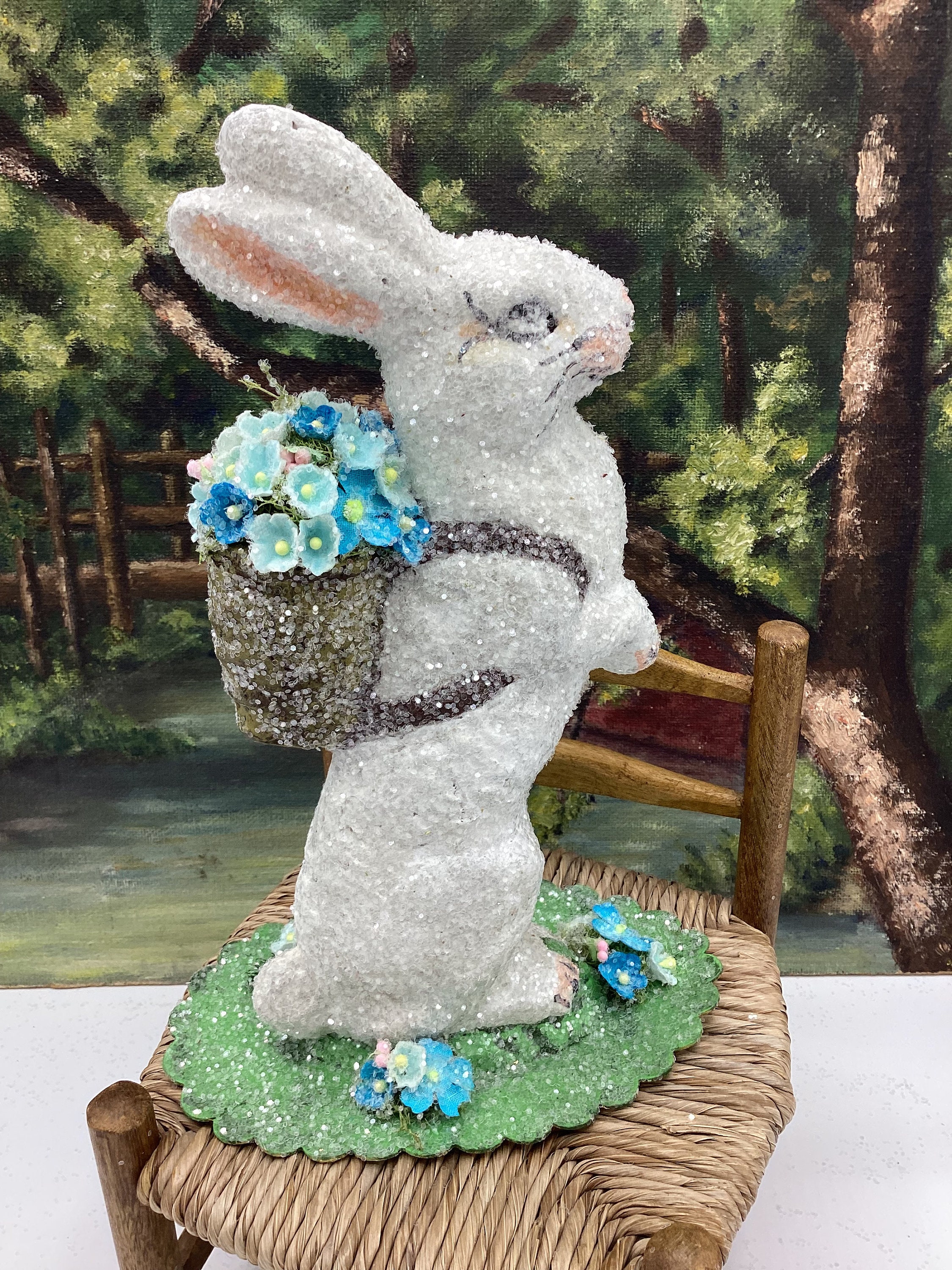 White Bunny Blue Flowers Vintage Style Paper Mache Heirloom Collectible ...