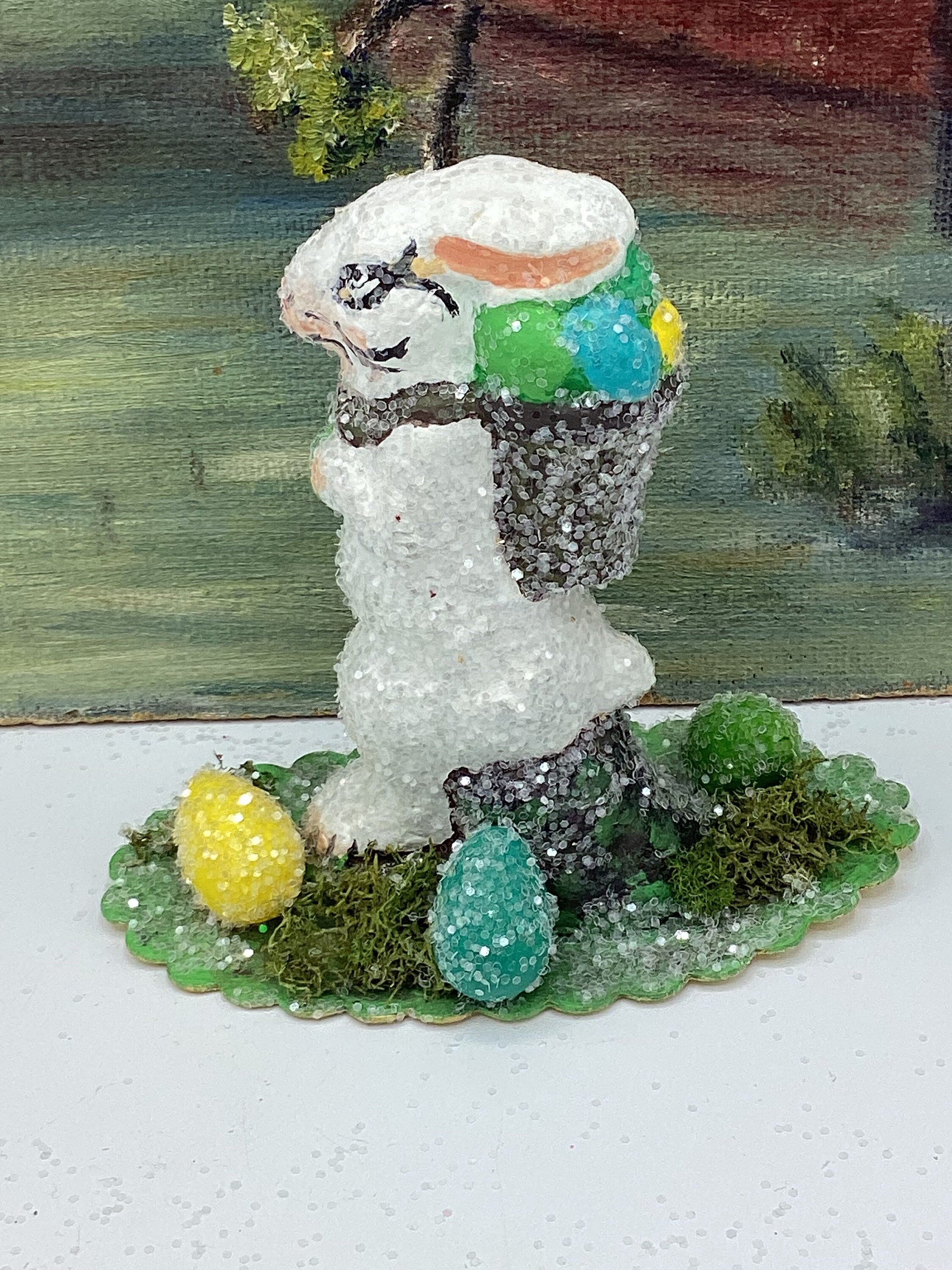 Little Bunny White in A Basket Full of Flowers Paper Mache Heirloom ...