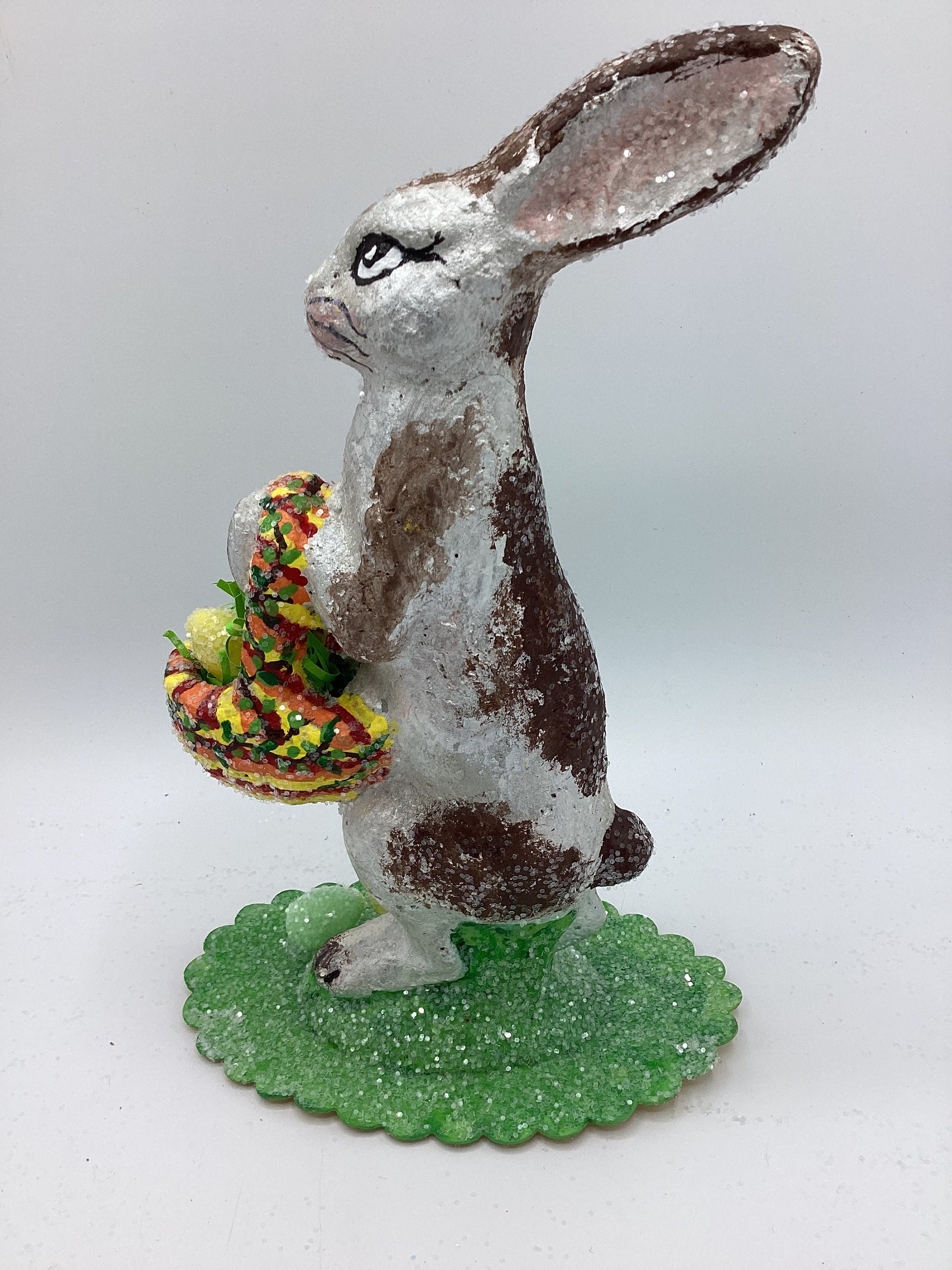 Easter Bunny Pearl Glaze Easter Basket Bright Paper Mache OOAK Heirloom ...