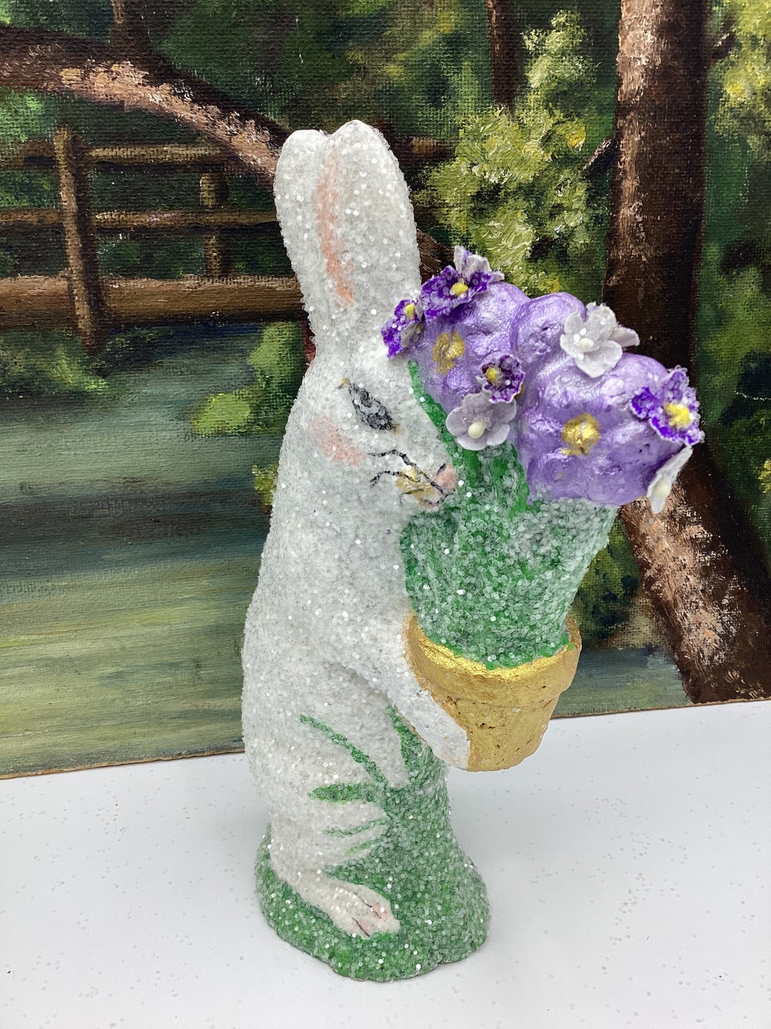 Spring Rabbit Bunny Paper Mache Purple Flowers Heirloom Quality OOAK - Etsy