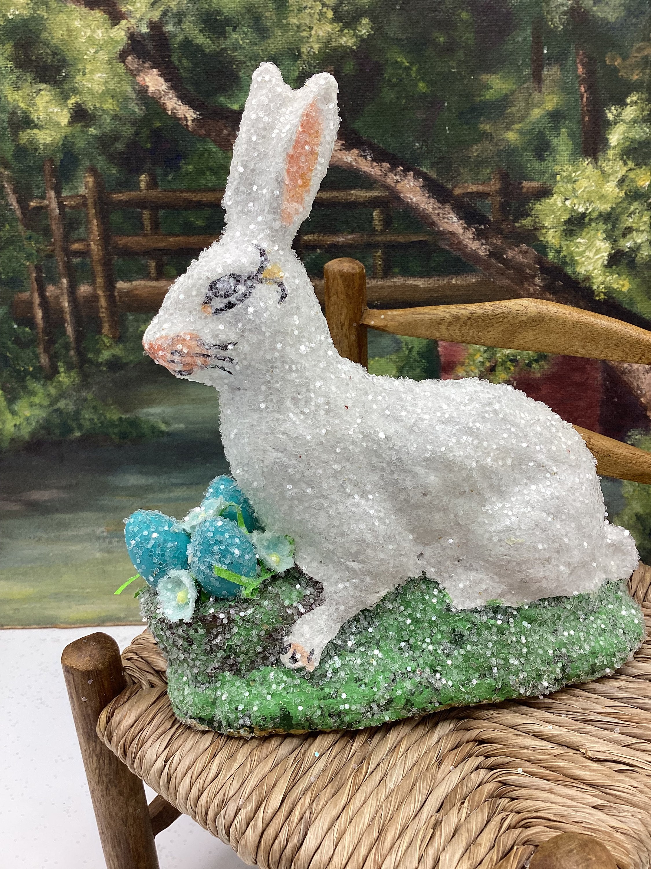 White Bunny Blue Eggs and Flowers A Nest Full Paper Mache Heirloom ...