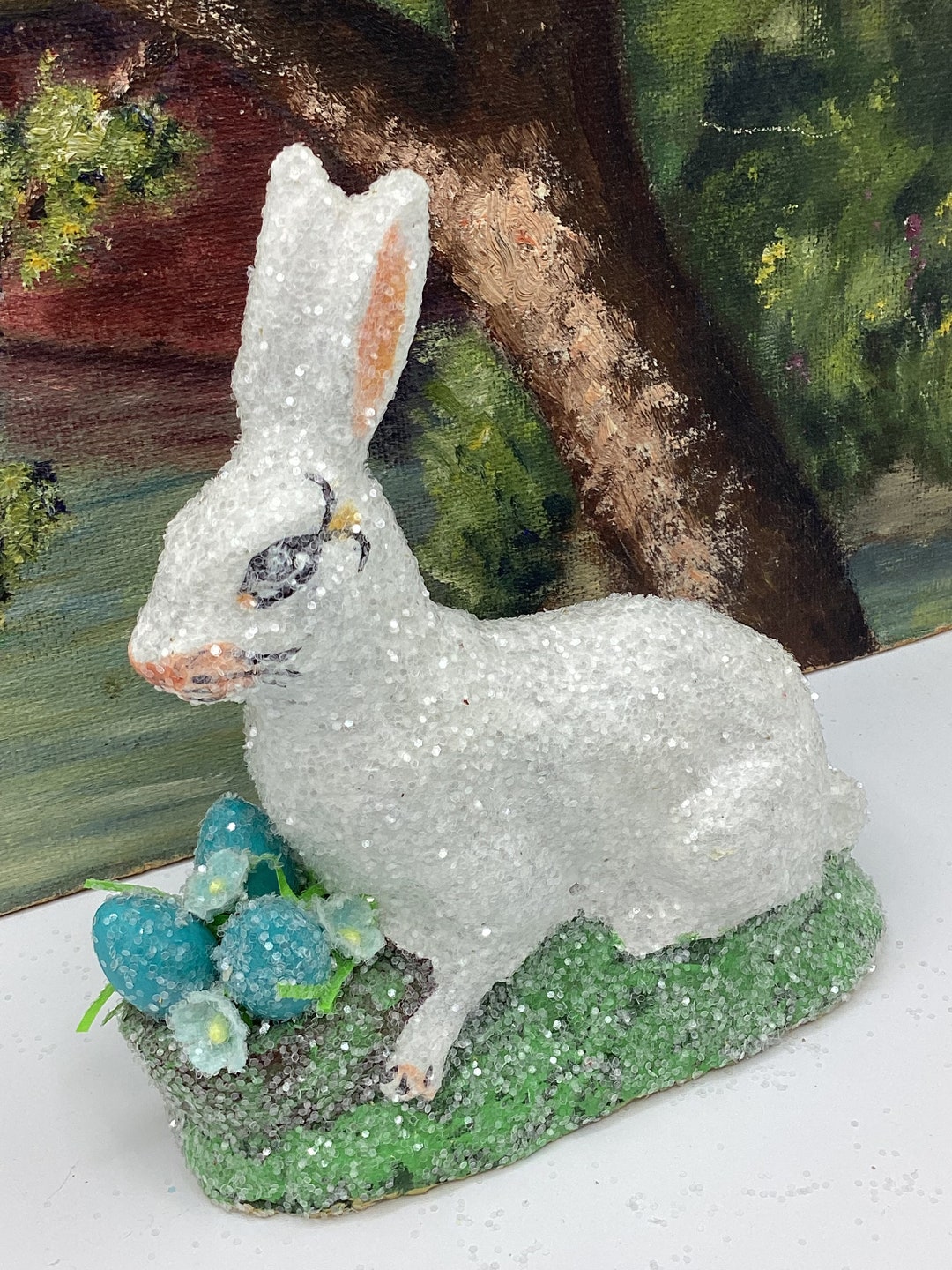 White Bunny Blue Eggs and Flowers A Nest Full Paper Mache Heirloom ...