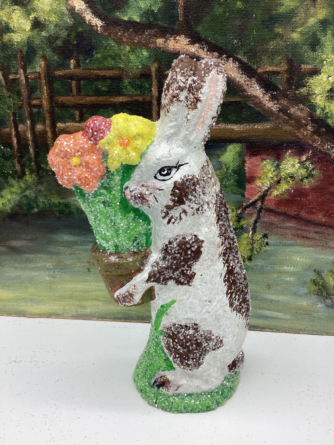 Spring Rabbit With Bright Flowers Bunny Easter Delight Paper Mache ...