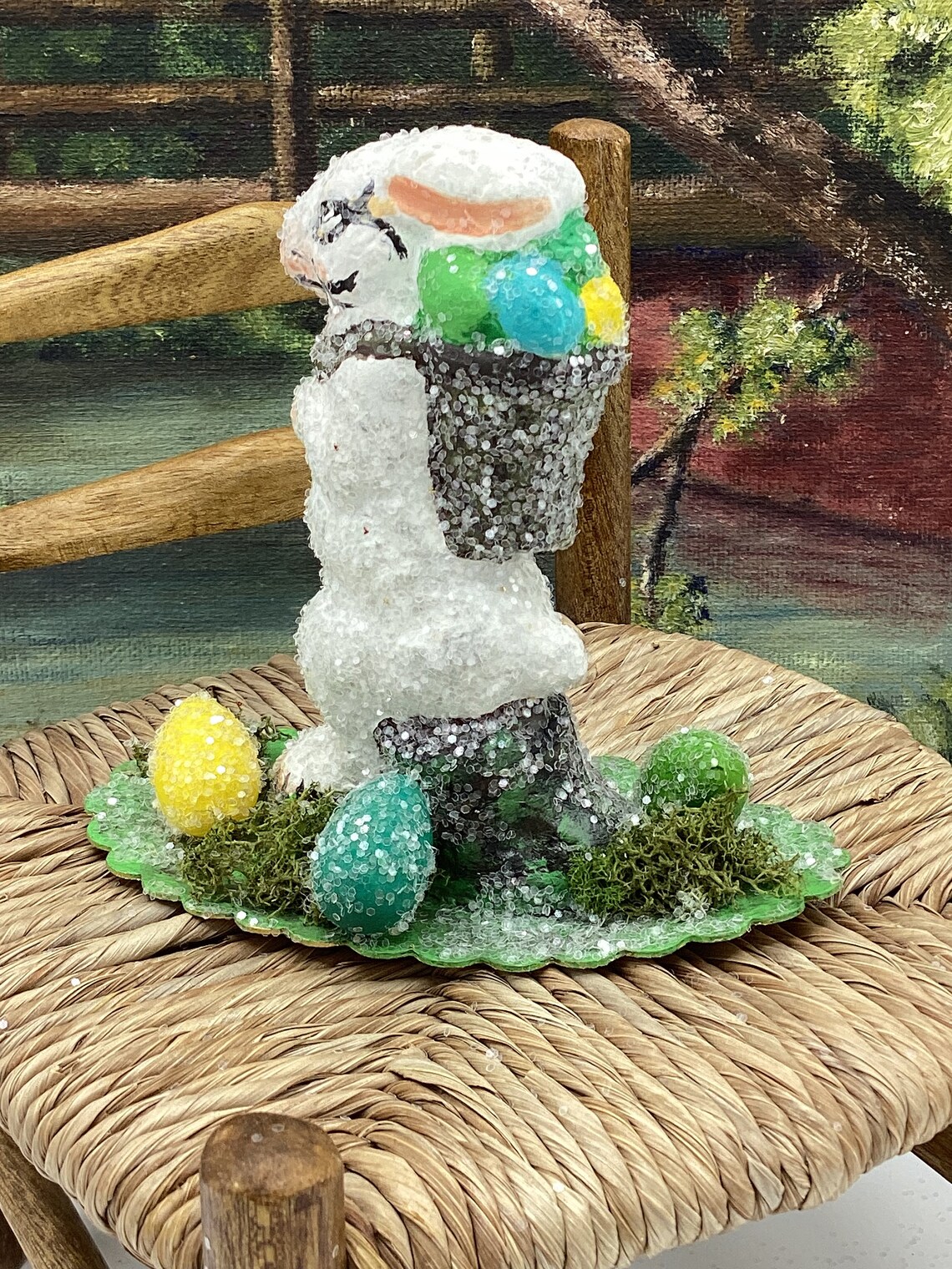 Little Bunny White in A Basket Full of Flowers Paper Mache Heirloom ...