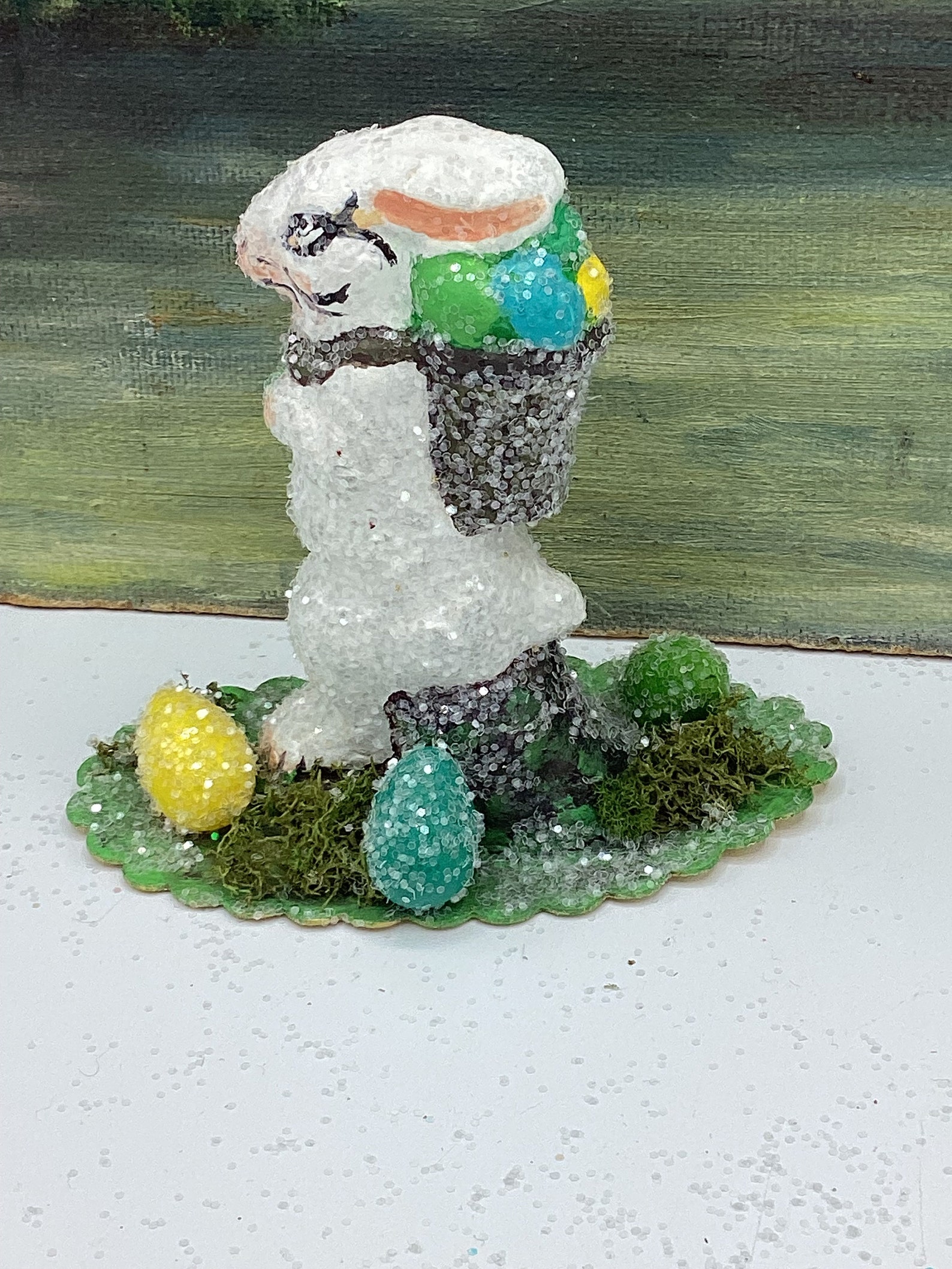 Little Bunny White in A Basket Full of Flowers Paper Mache Heirloom ...