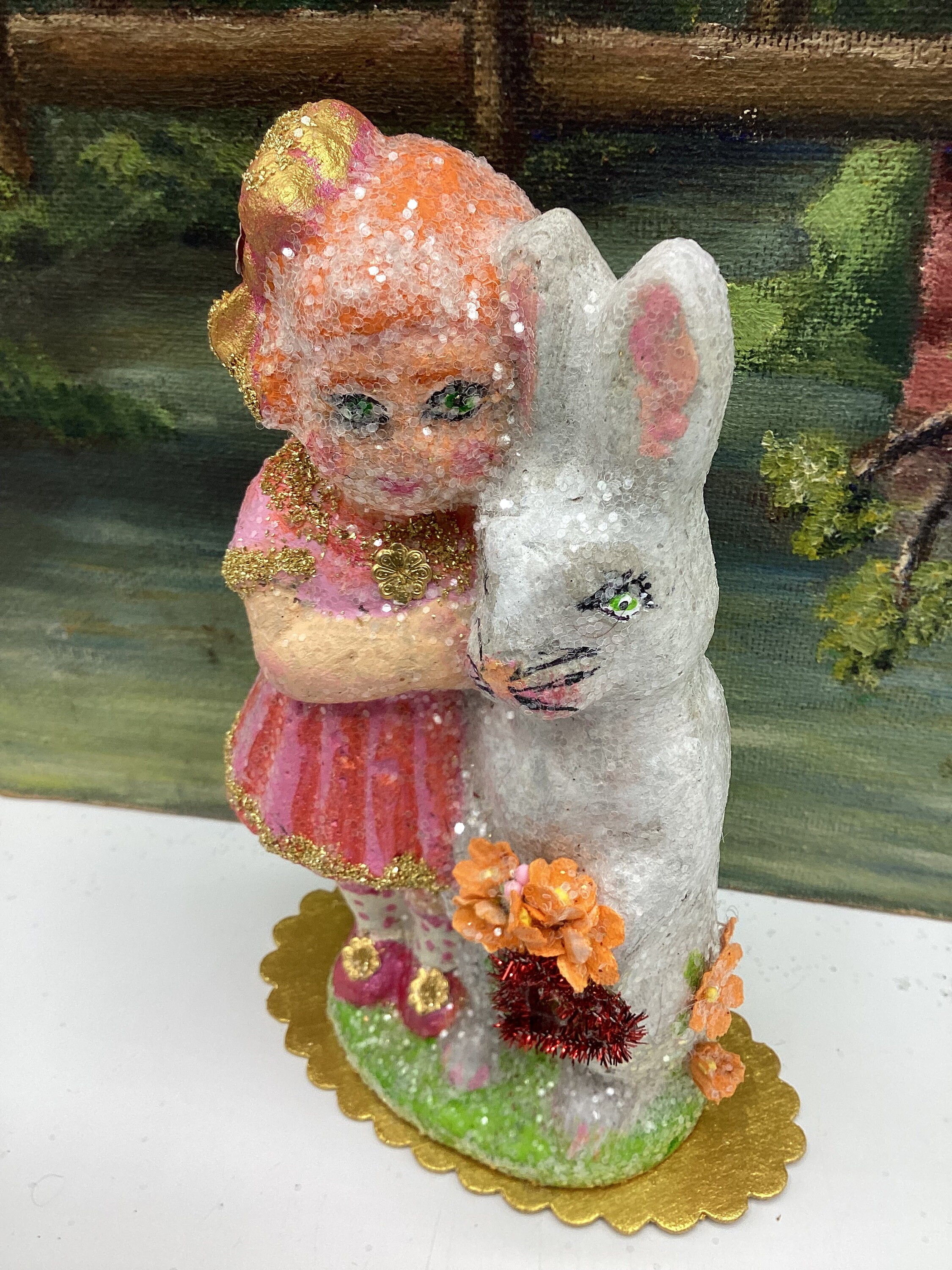 Handcrafted Paper Mache Ginger and Bunny Figurine, German Glass Glitter ...