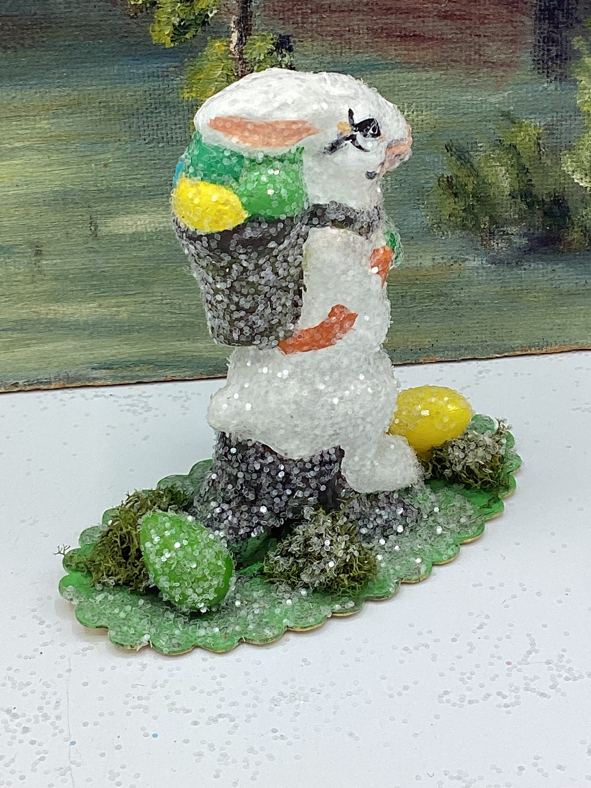 Little Bunny White in A Basket Full of Flowers Paper Mache Heirloom ...