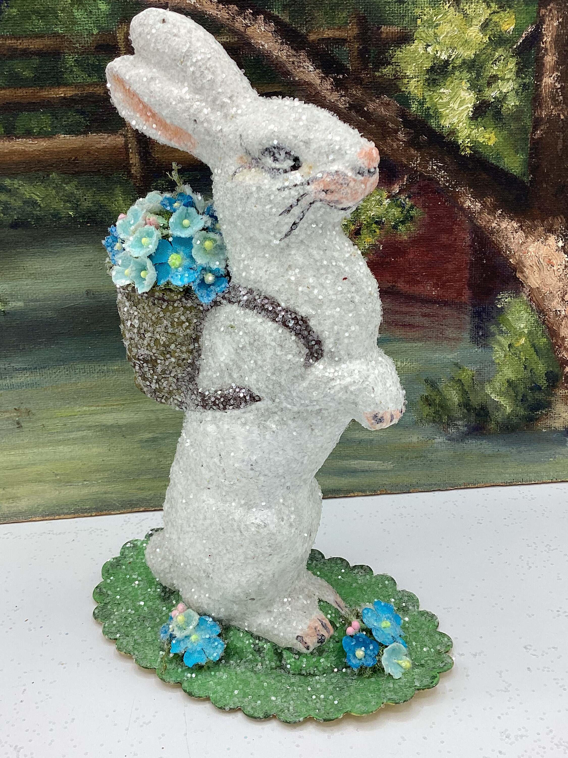 White Bunny Blue Flowers Vintage Style Paper Mache Heirloom Collectible ...