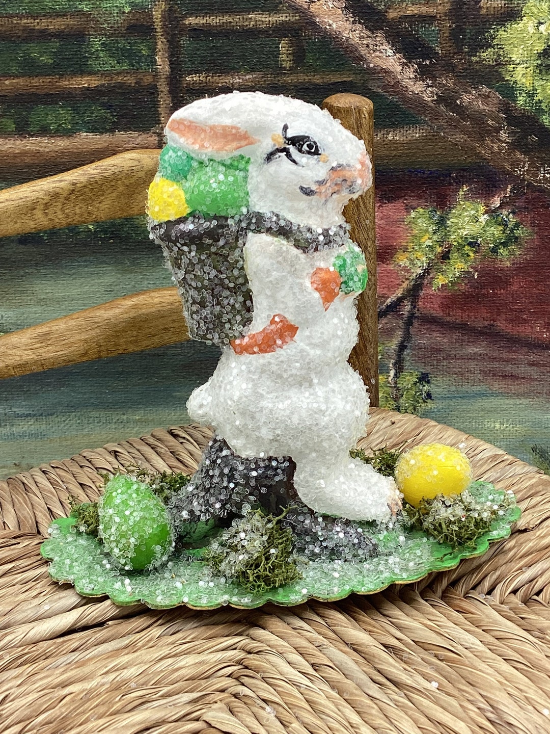 Little Bunny White in A Basket Full of Flowers Paper Mache Heirloom ...