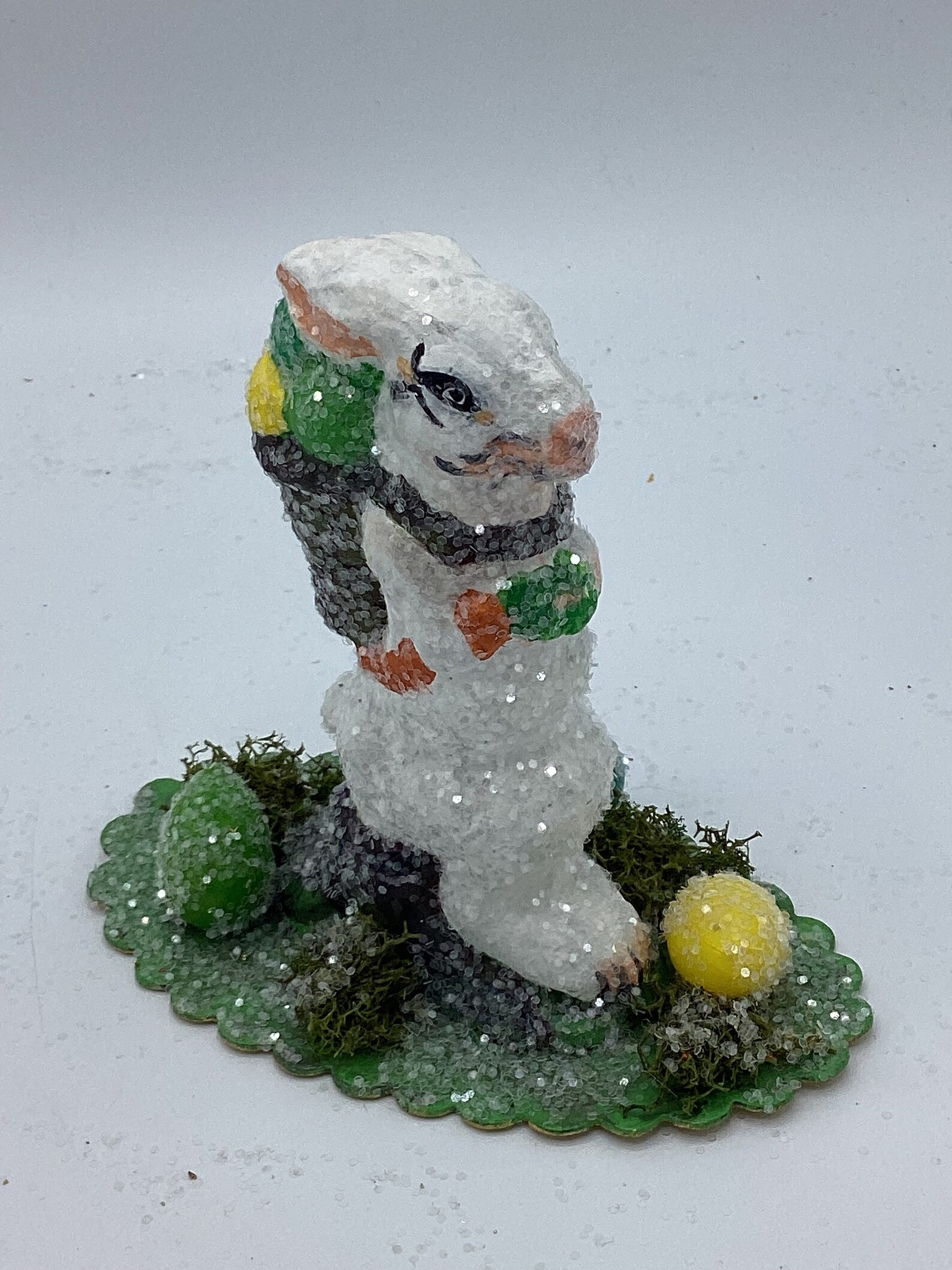 Little Bunny White in A Basket Full of Flowers Paper Mache Heirloom ...