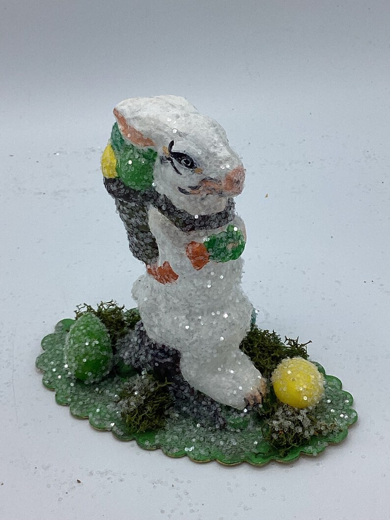 Little Bunny White in A Basket Full of Flowers Paper Mache Heirloom ...