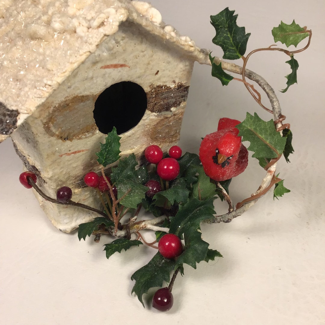 Birch Birdhouse Cardinal Vintage Paper Mache Ornament - Etsy