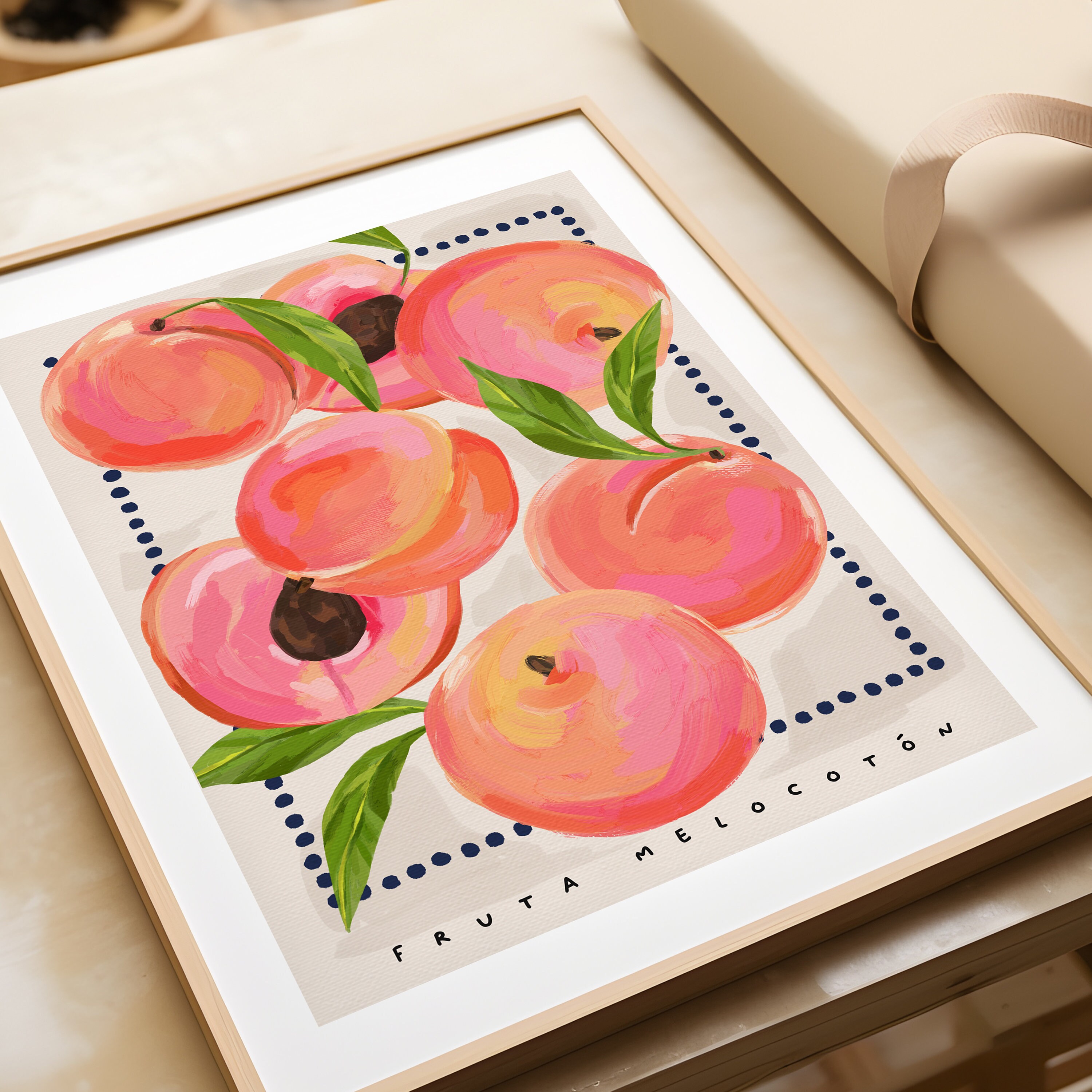 Peach Fruit Art Print - Modern Kitchen Decor, Colourful Spanish ...
