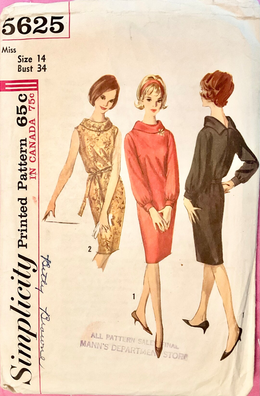 Vintage 60s Simplicity Pattern 5625 One Piece Dress Size 14 Bust 34 - Etsy